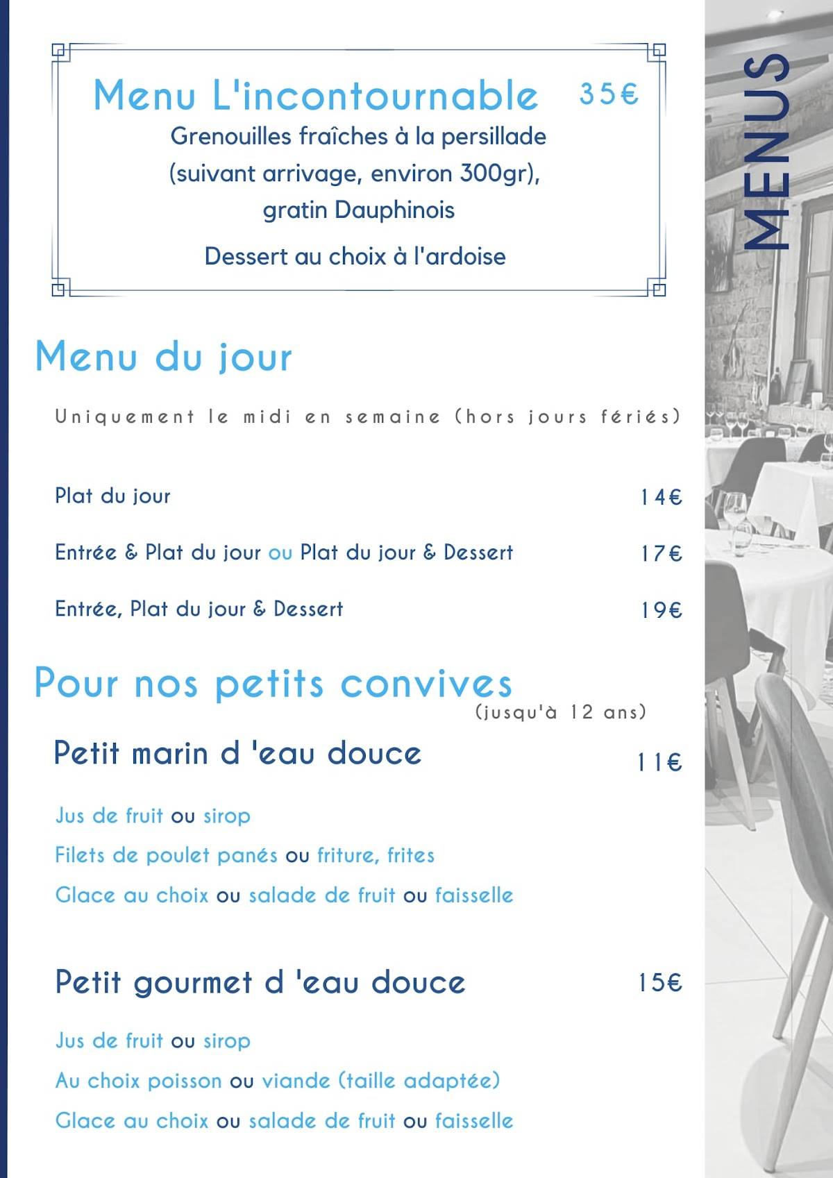 Menu au L'eau Douce restaurant, Montmerle-sur-Saône, 53 Rue de Mâcon