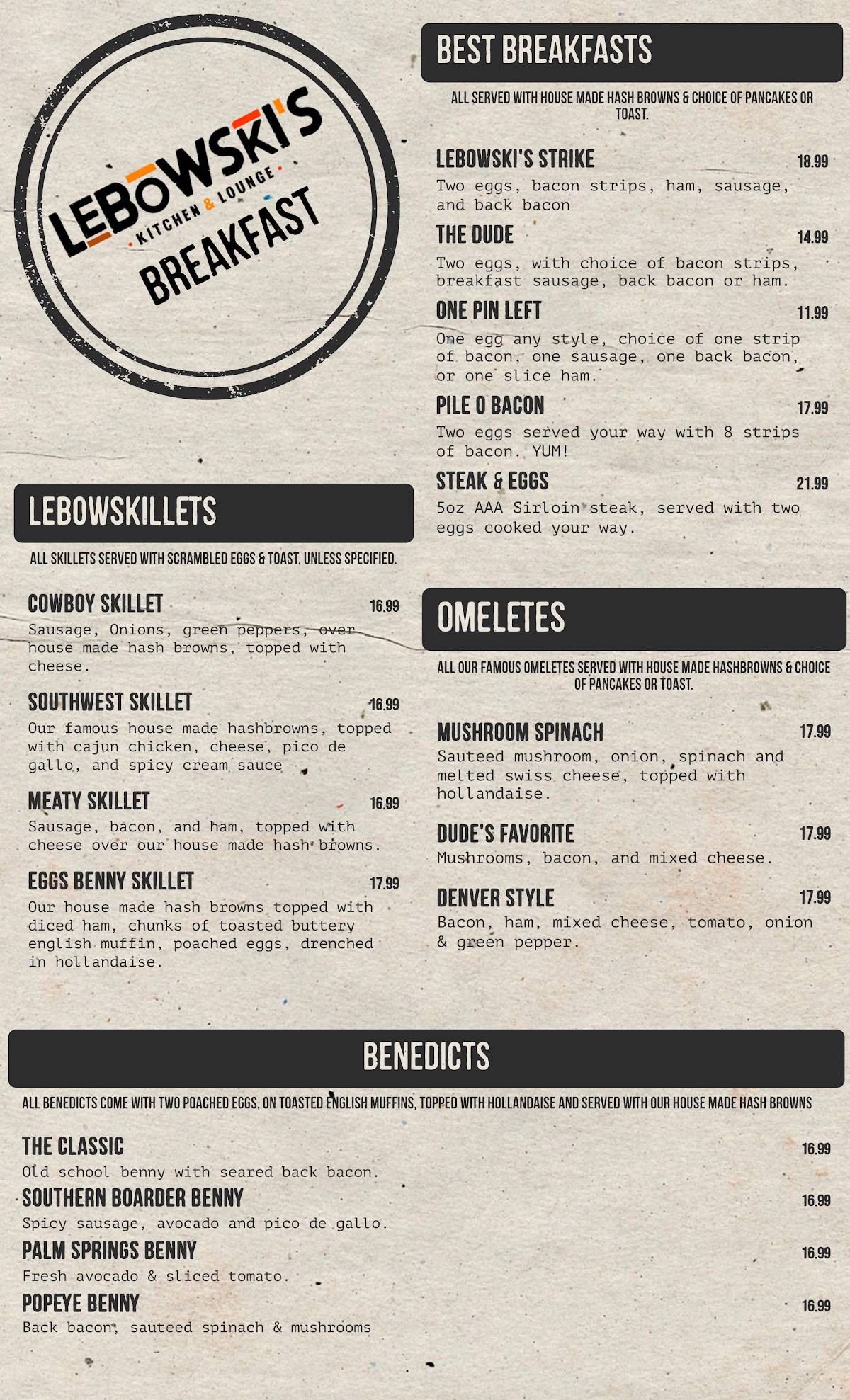 Menu at Lebowski's Kitchen & Lounge restaurant, Regina, Victoria Ave E