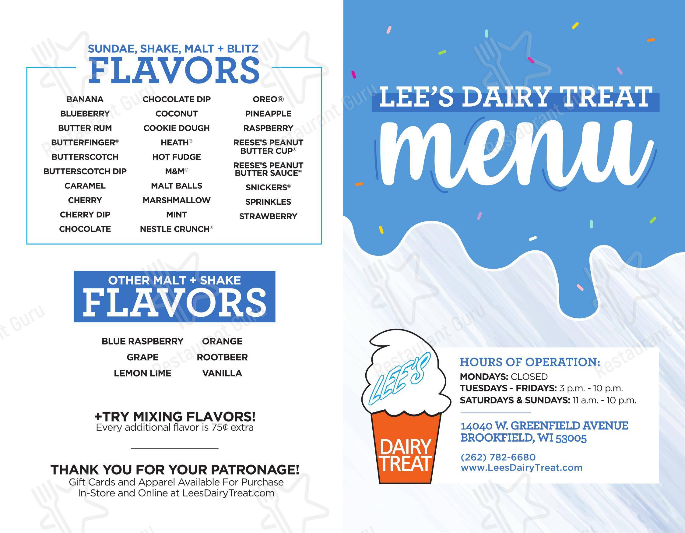 Menu at Lee's Dairy Treat restaurant, Brookfield