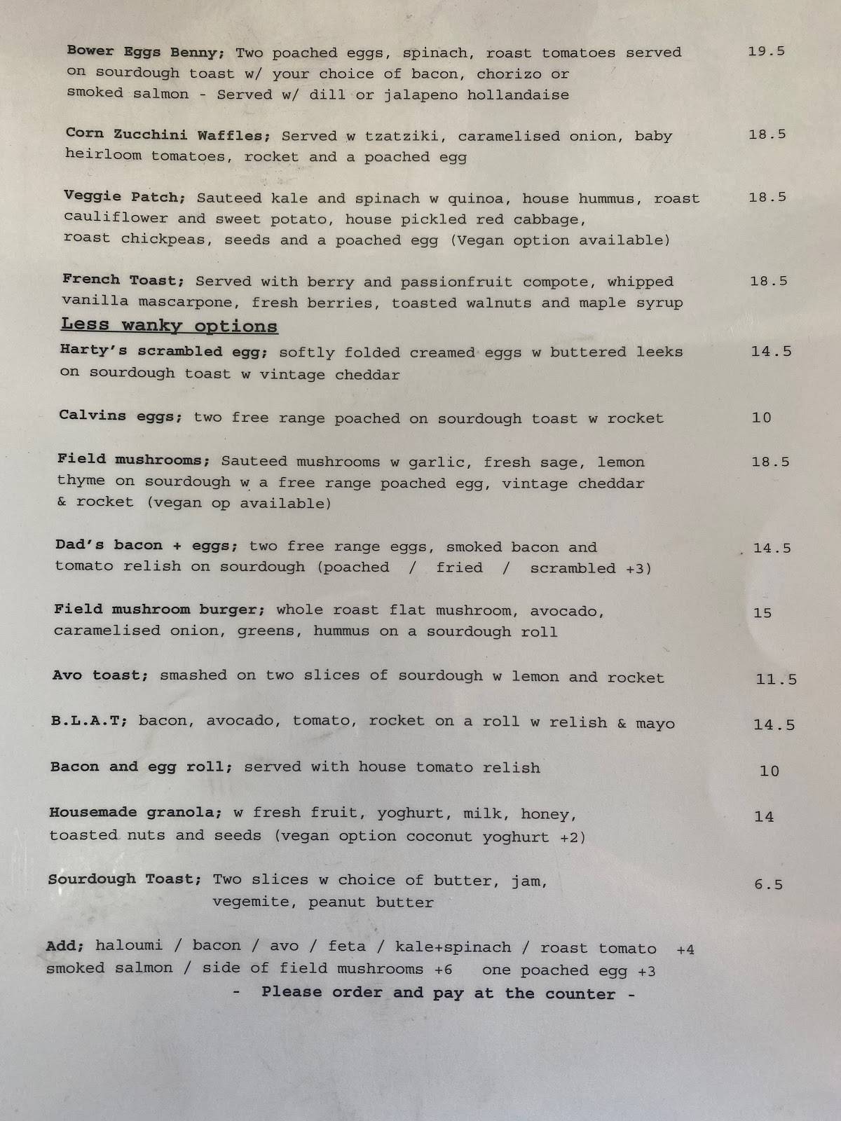 Menu at Left Bower cafe, Sutherland