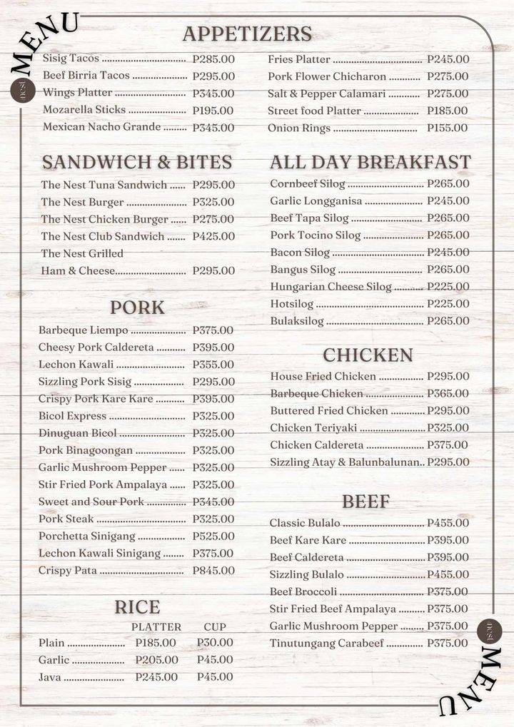Menu at The Nest restaurant, Legazpi City