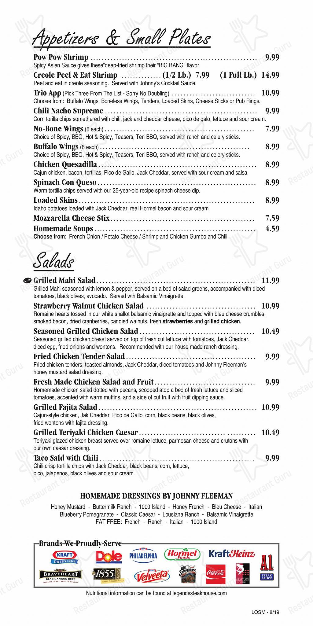 Menu at Legends Steakhouse, Smyrna