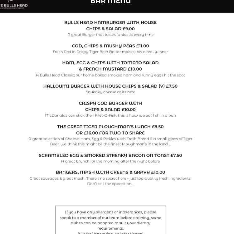 Menu at The Bulls Head pub & bar, Leicester, Hinckley Rd