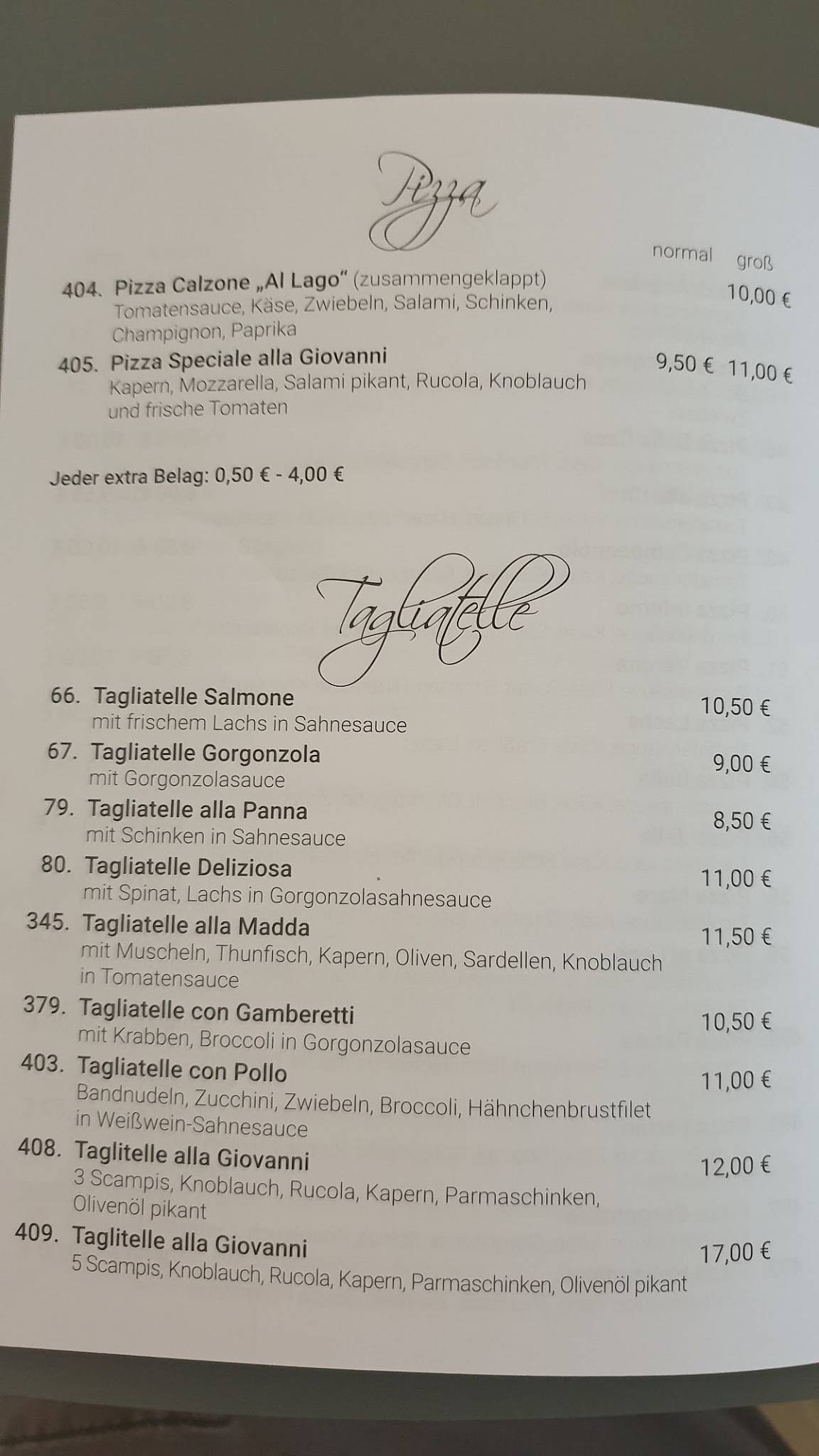Menu at Al Lago restaurant, Lembruch