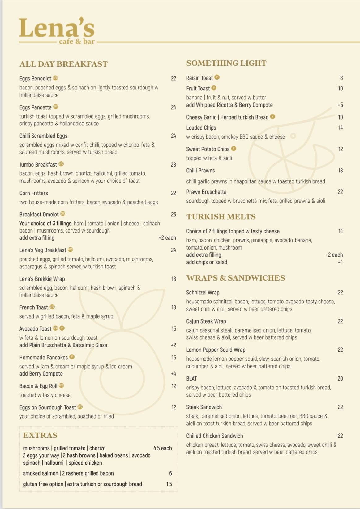 Menu at Lena's Cafe and Bar, Warners Bay