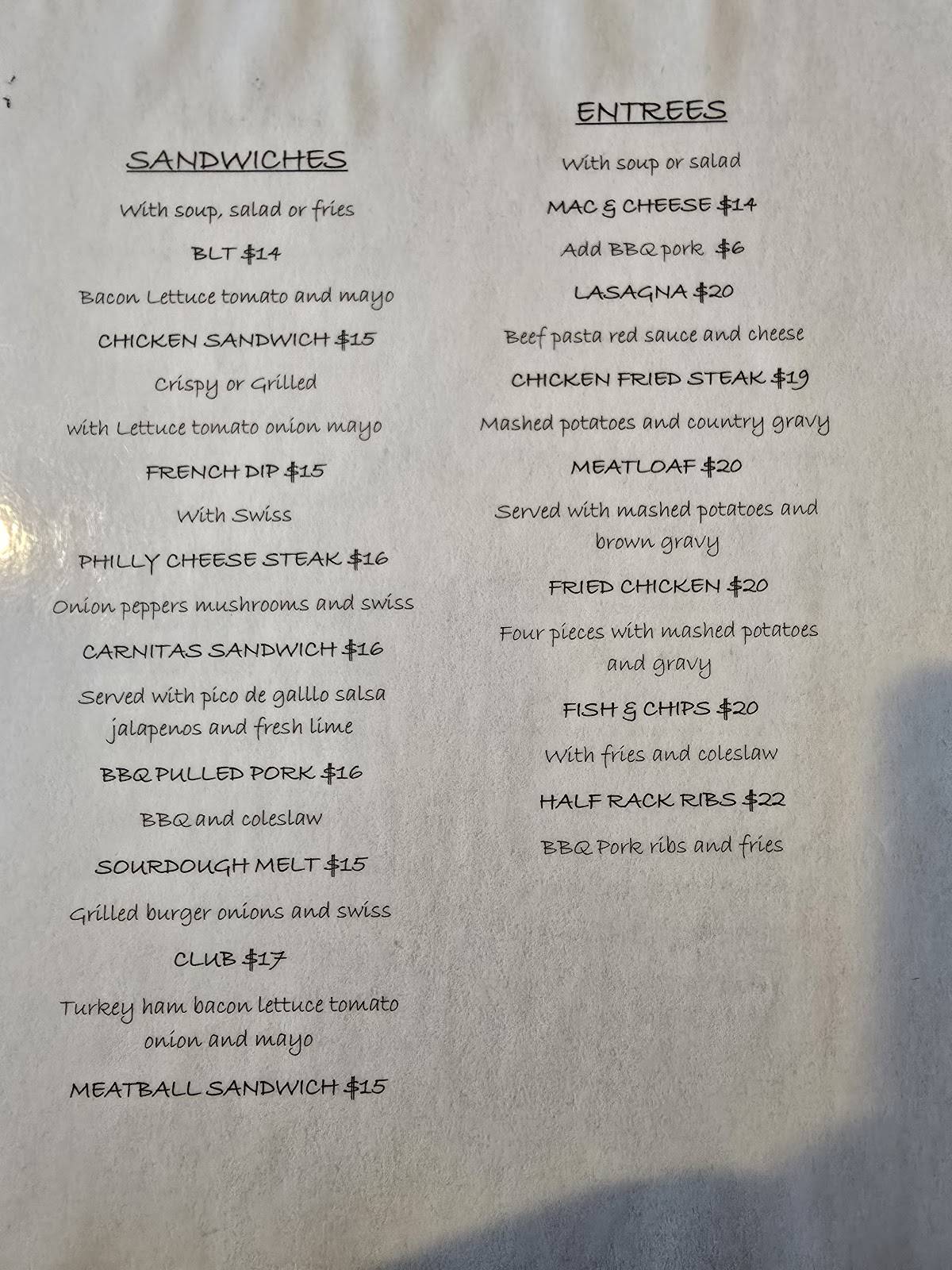Menu at Lena's pub & bar, Portola
