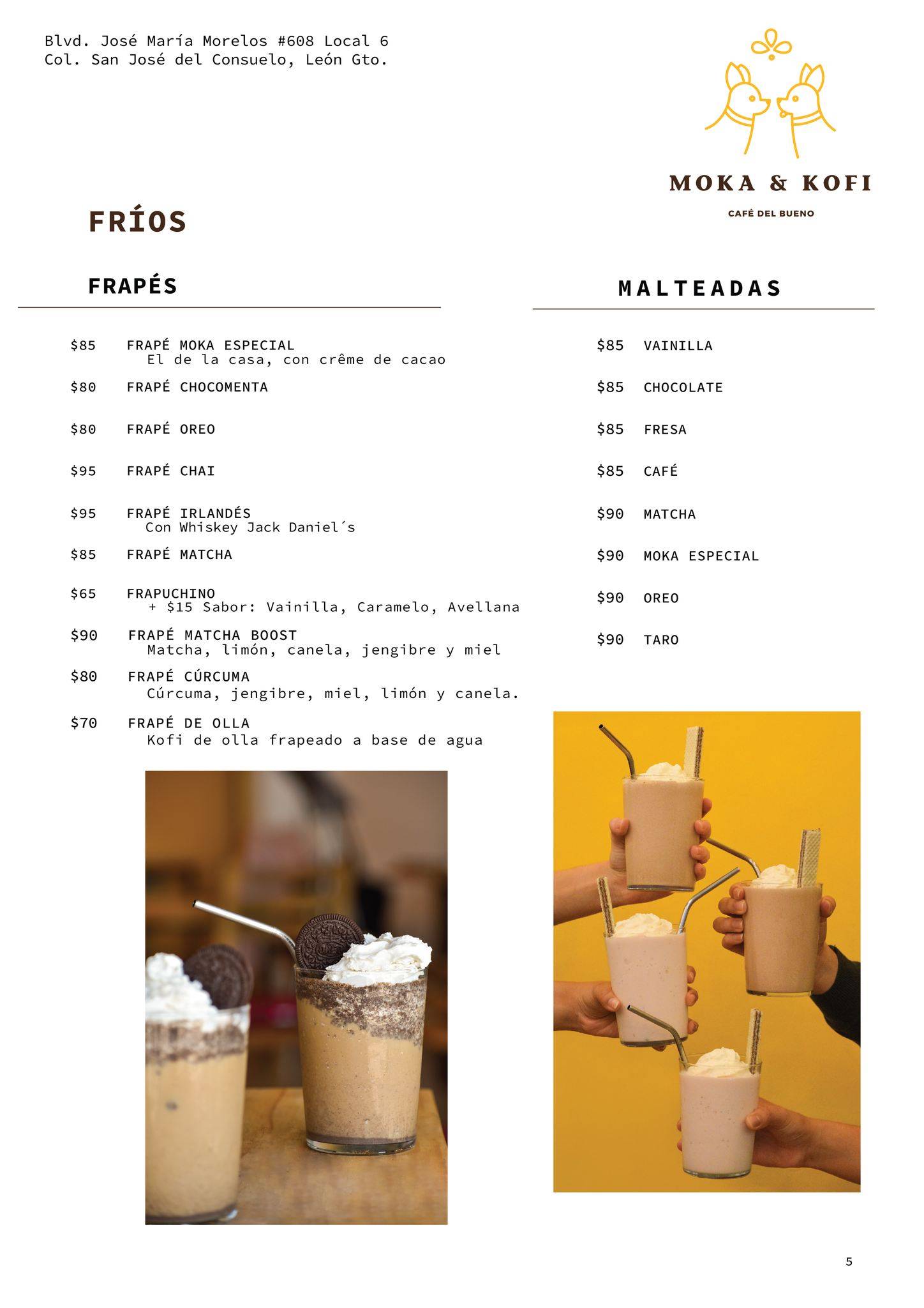 Carta de cafetería Moka & Kofi, Leon, Blvd. Jorge Vértiz Campero 120