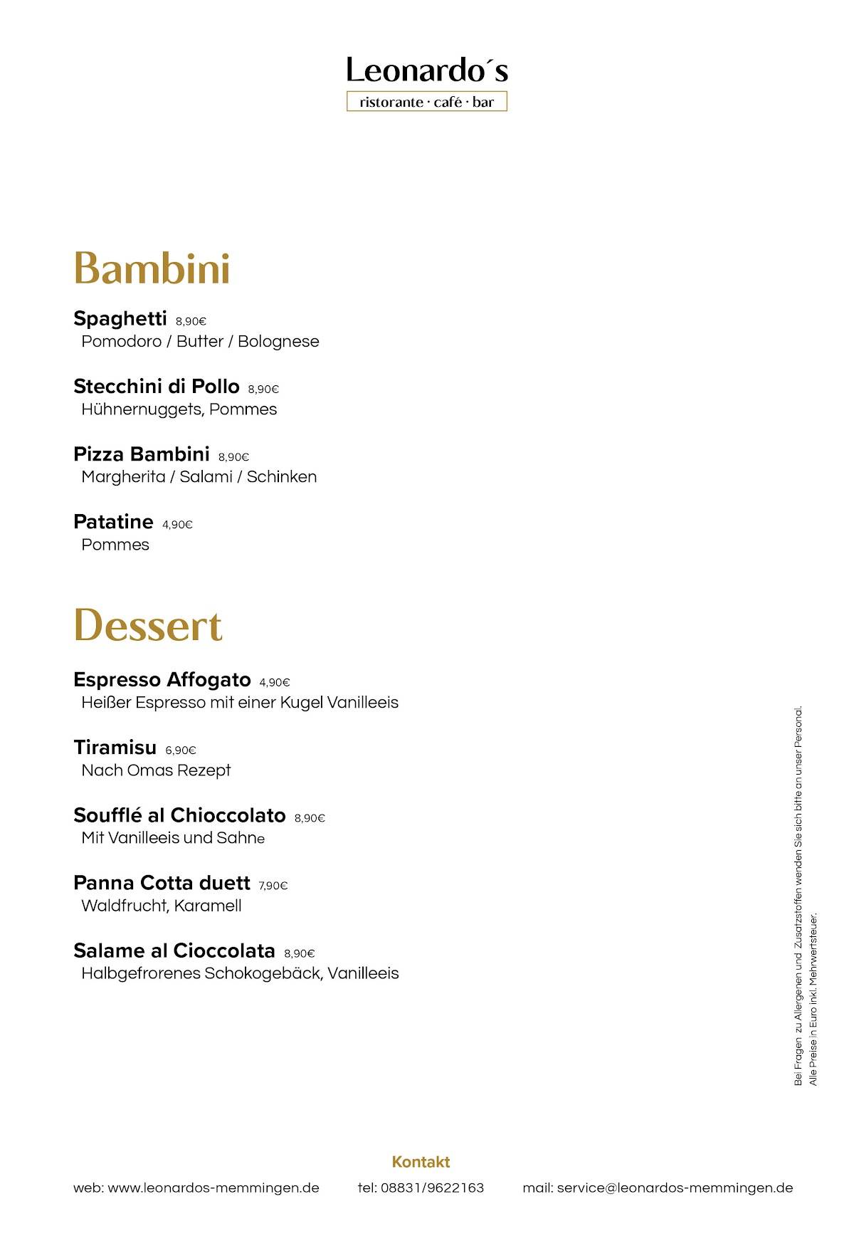 Menu at Leonardo's restaurant, Memmingen