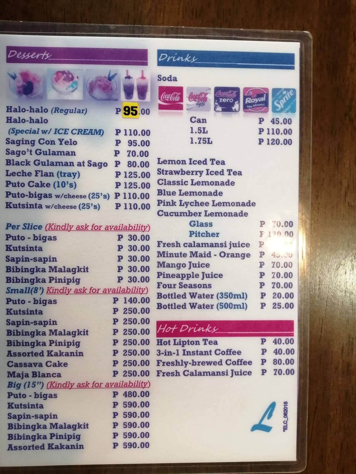 Menu at Leoning's Pancit Palabok restaurant, Quezon City, 1106 Shorthorn St