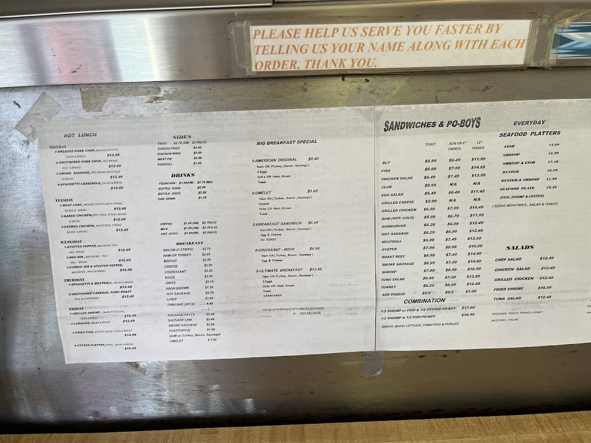 Menu at Leo's Caboose restaurant, New Orleans