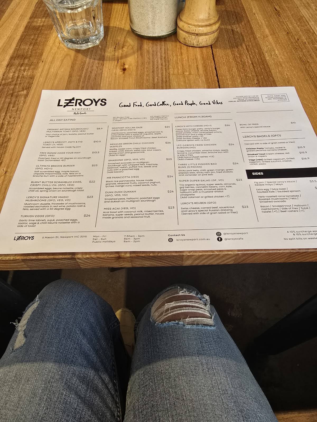 Menu at Leroys cafe, Newport