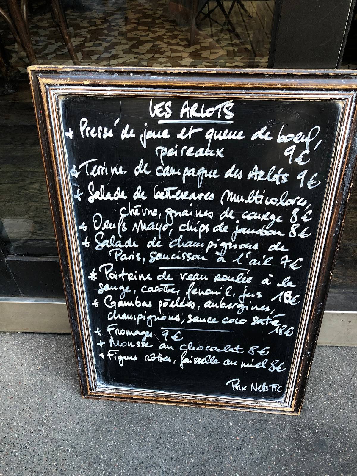 Menu at Les Arlots restaurant, Paris, 136 Rue du Faubourg Poissonnière