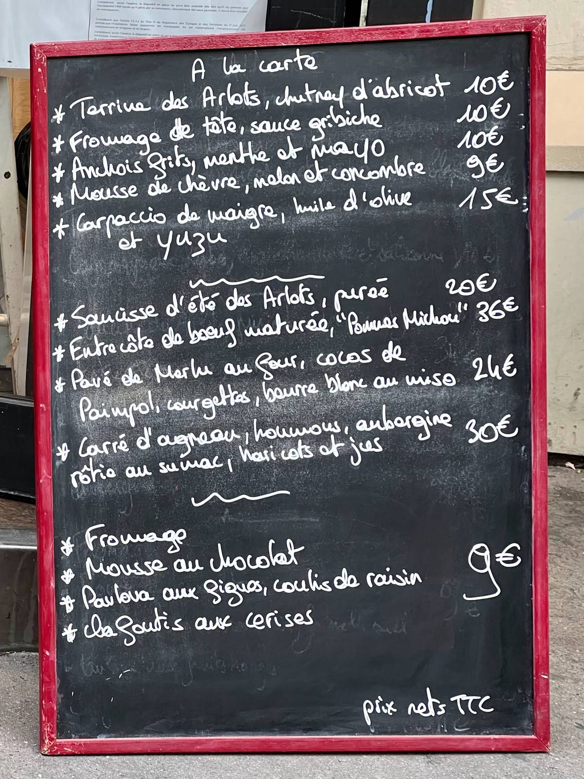 Menu at Les Arlots restaurant, Paris, 136 Rue du Faubourg Poissonnière