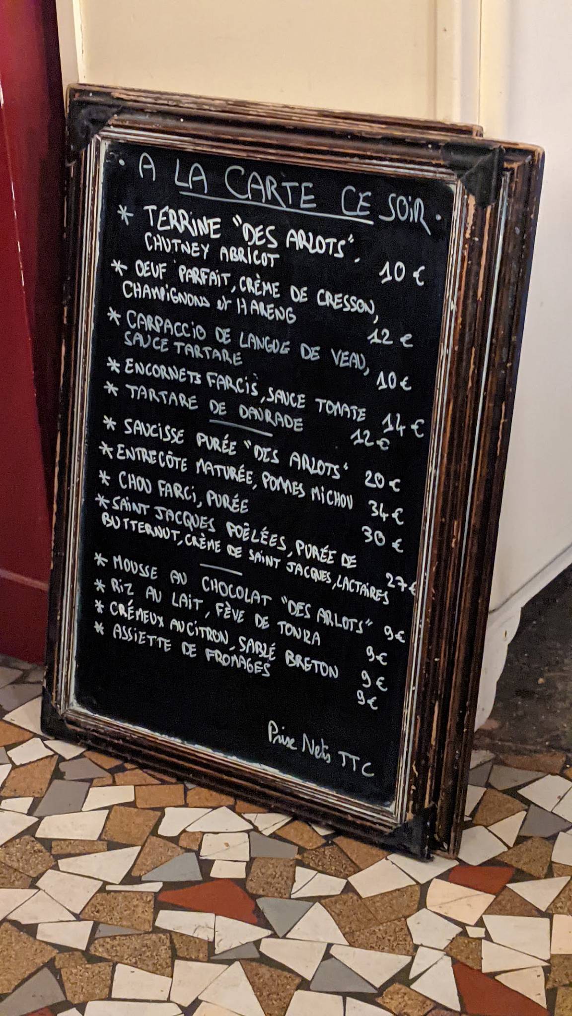 Menu at Les Arlots restaurant, Paris, 136 Rue du Faubourg Poissonnière
