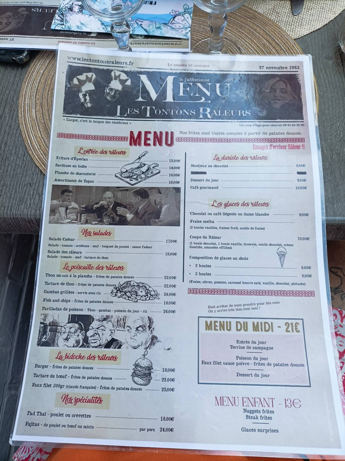 Menu au Les Tontons Râleurs restaurant, Cabourg