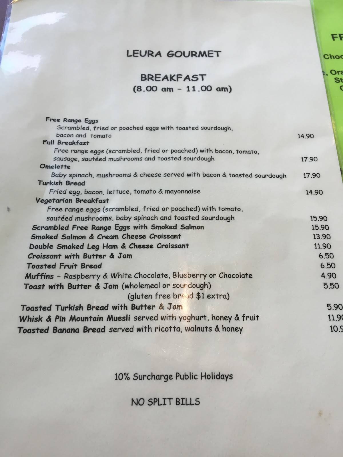 Menu at Leura Gourmet cafe, Leura, 159 Leura Mall