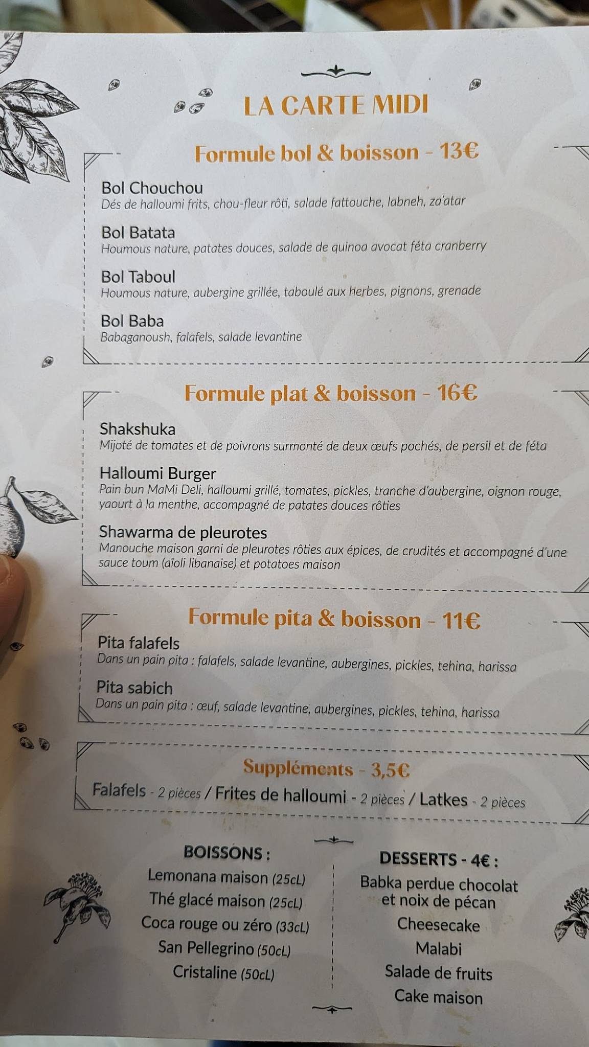 Menu at Levantine restaurant, Paris, 36 Rue Bichat