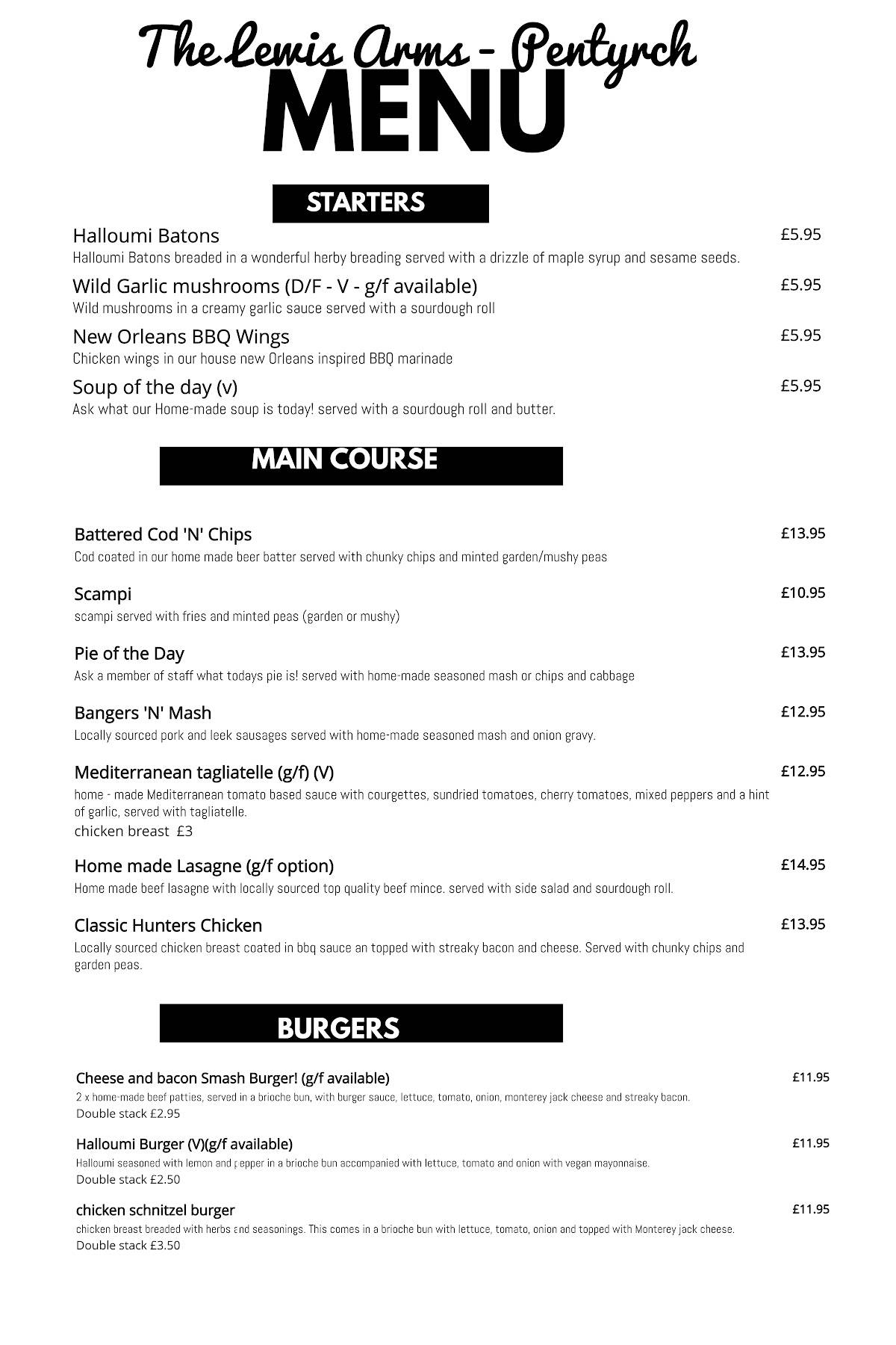 Menu at Lewis Arms pub & bar, Cardiff, Heol Goch