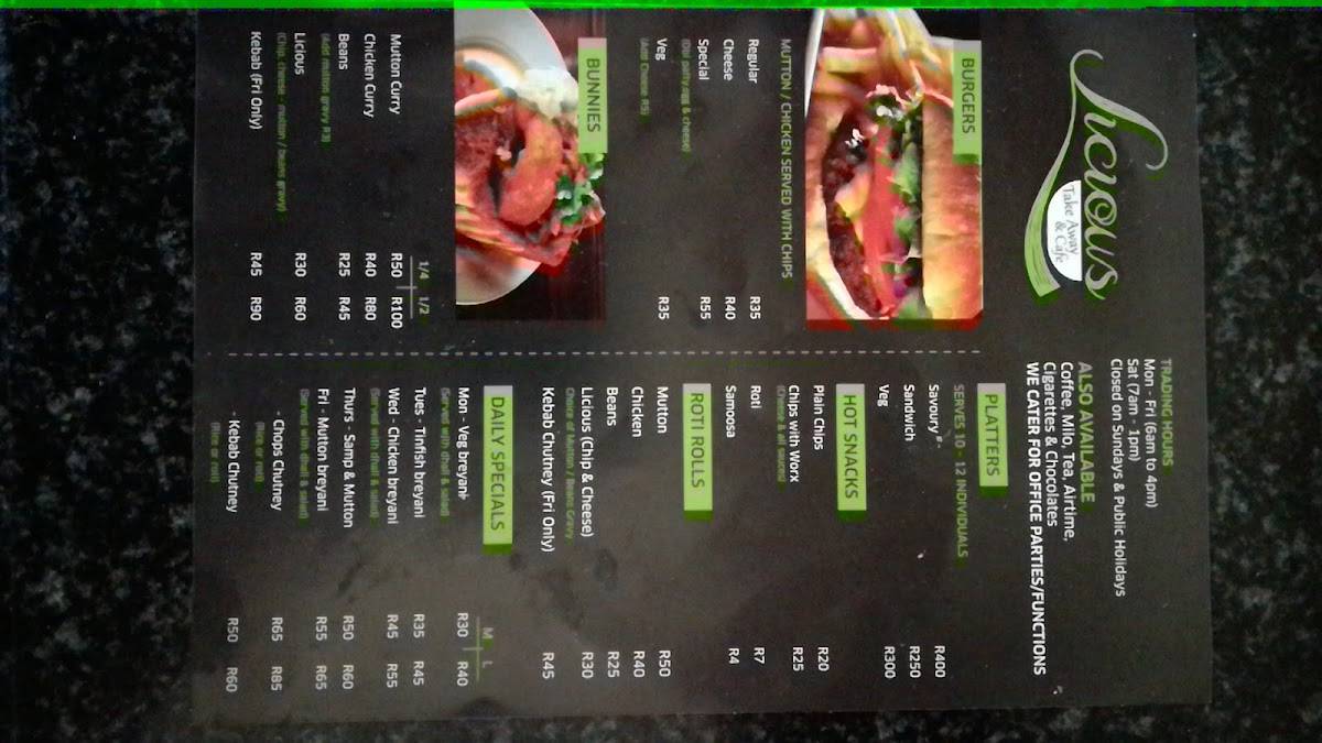 Menu at Licious Cafe And Take Away, Durban