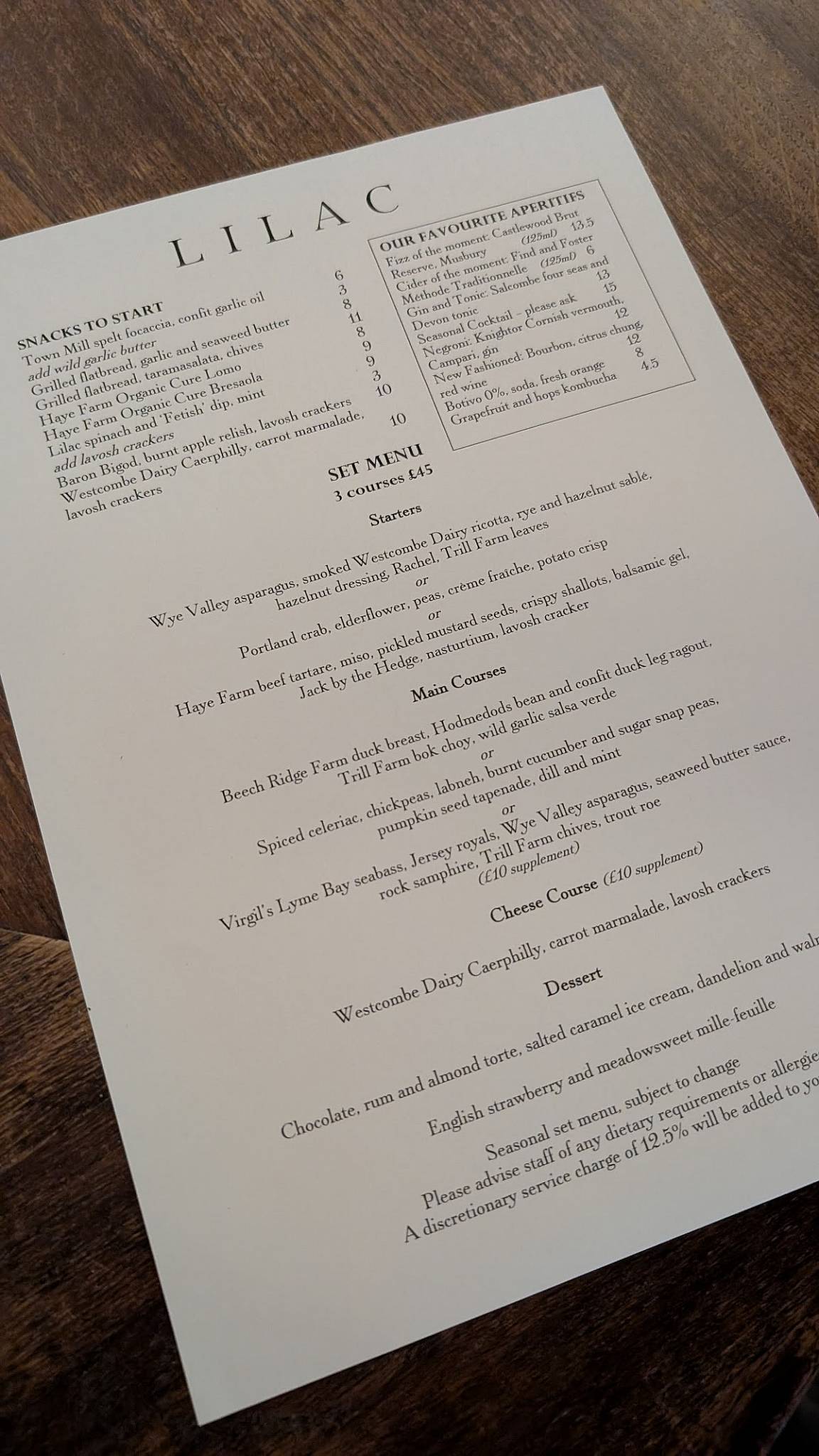 Menu at Lilac restaurant, Lyme Regis