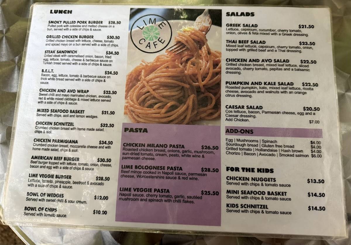 Menu at Lime Cafe, Darwin City