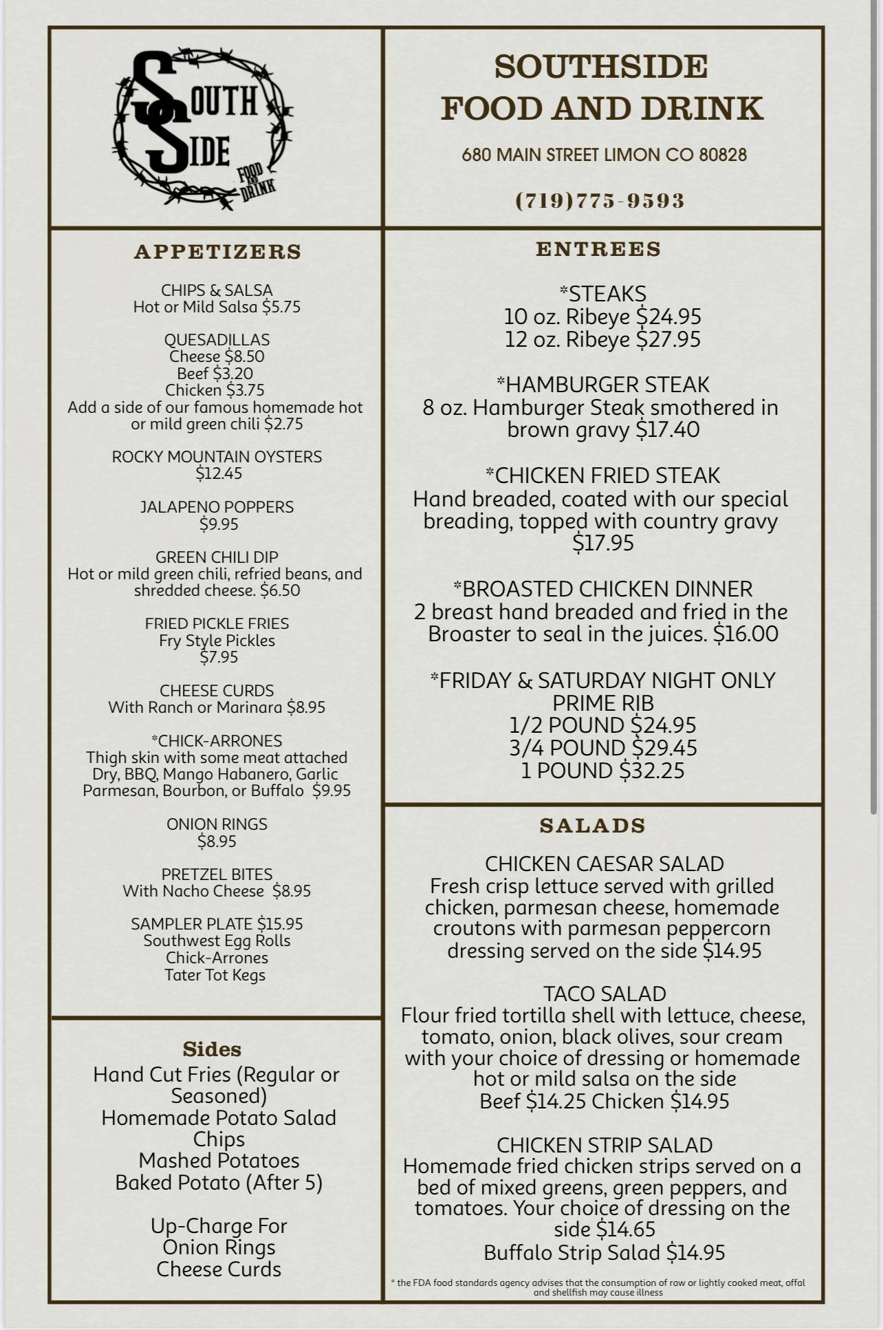 Menu at South Side Food & Drink pub & bar, Limon