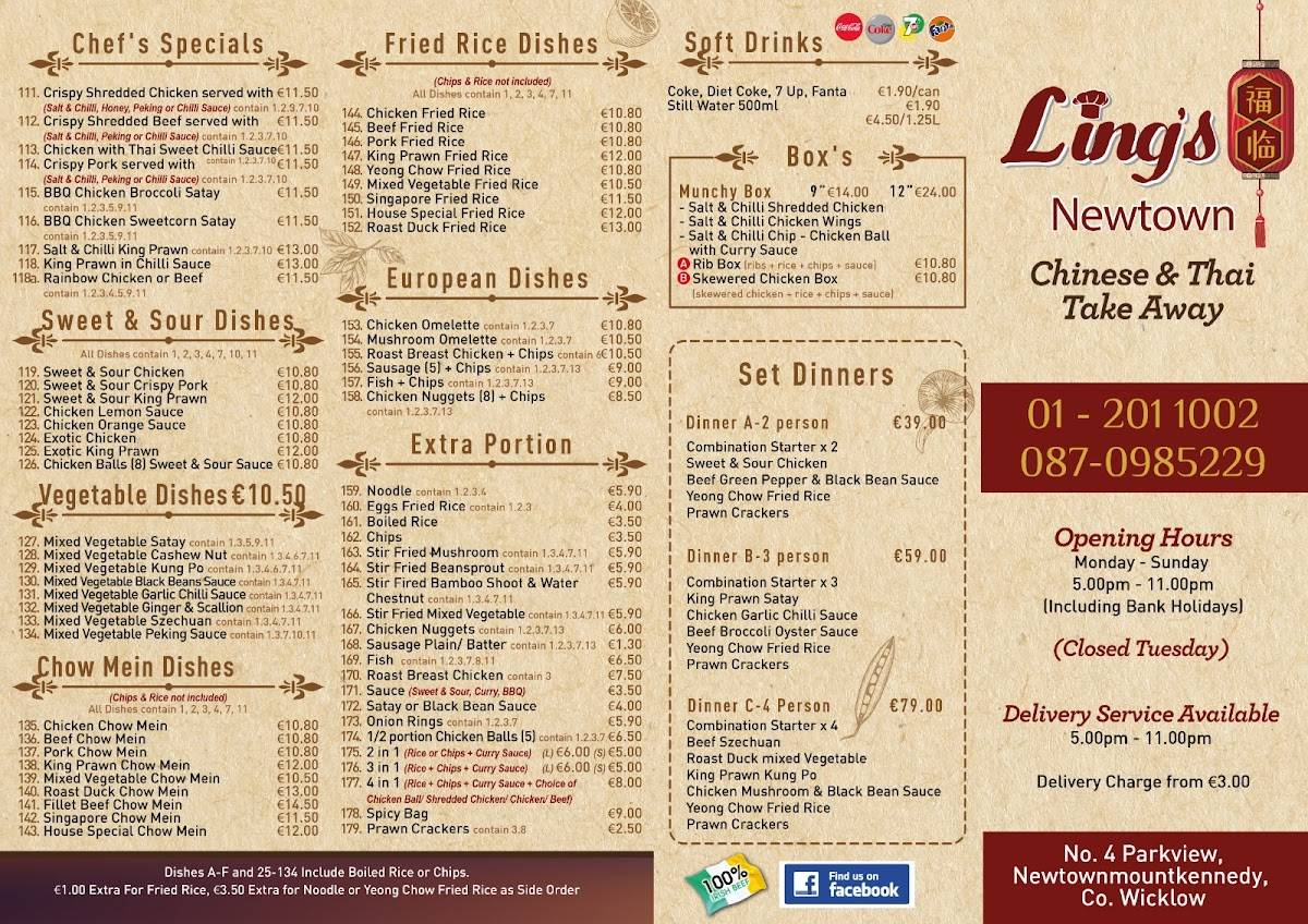 Menu at Ling's Chinese & Thai Take Away restaurant, Newtown Mount Kennedy