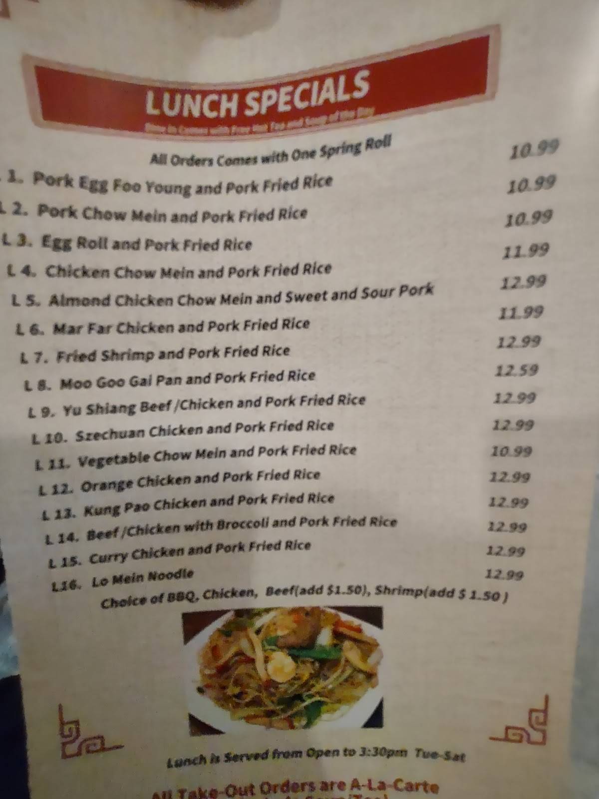 Menu at Ling's restaurant, White City