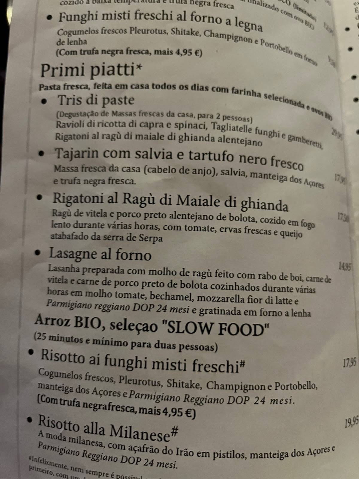 Menu at Restaurante Come Prima, Lisbon
