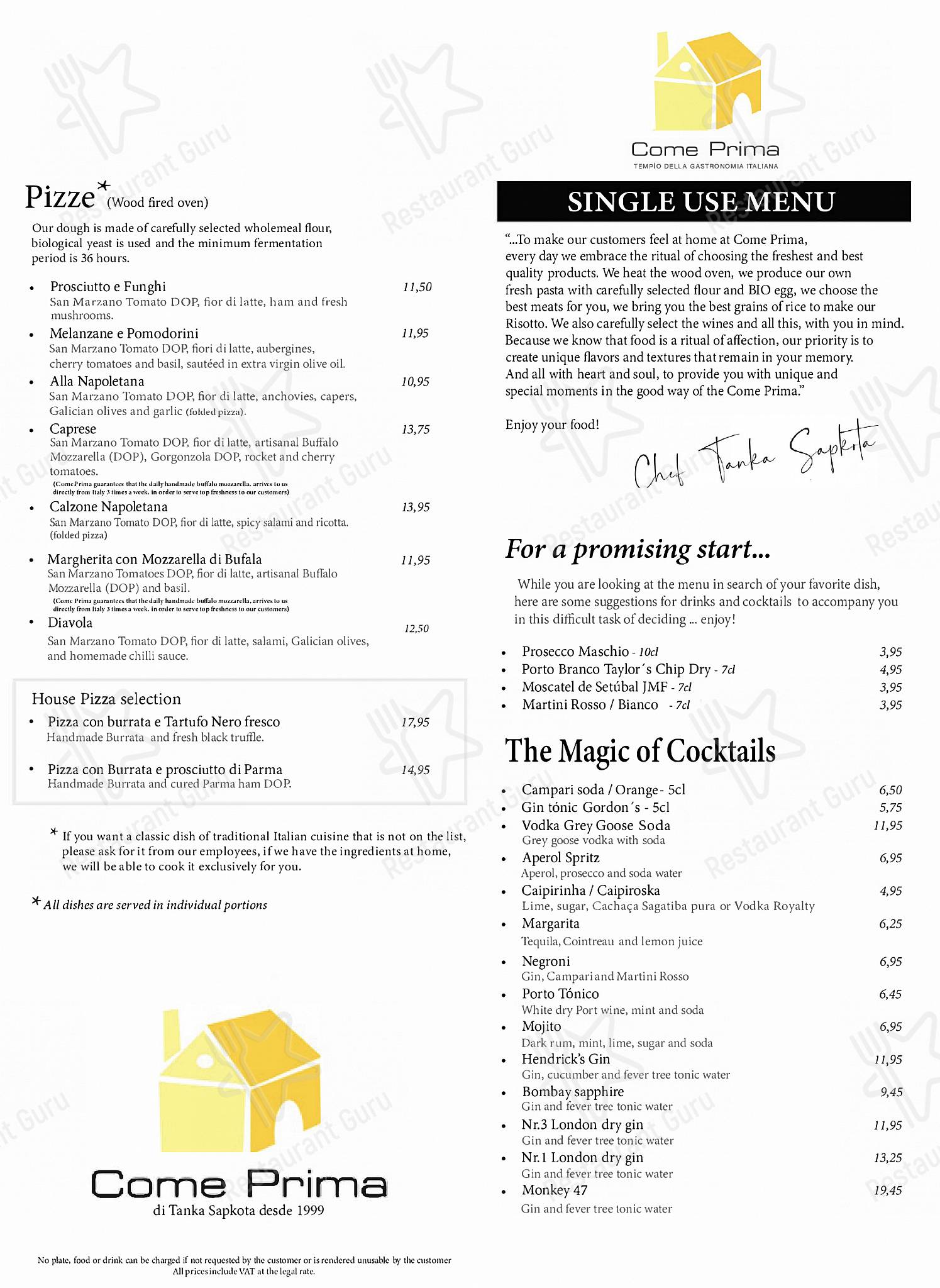 Menu at Restaurante Come Prima, Lisbon