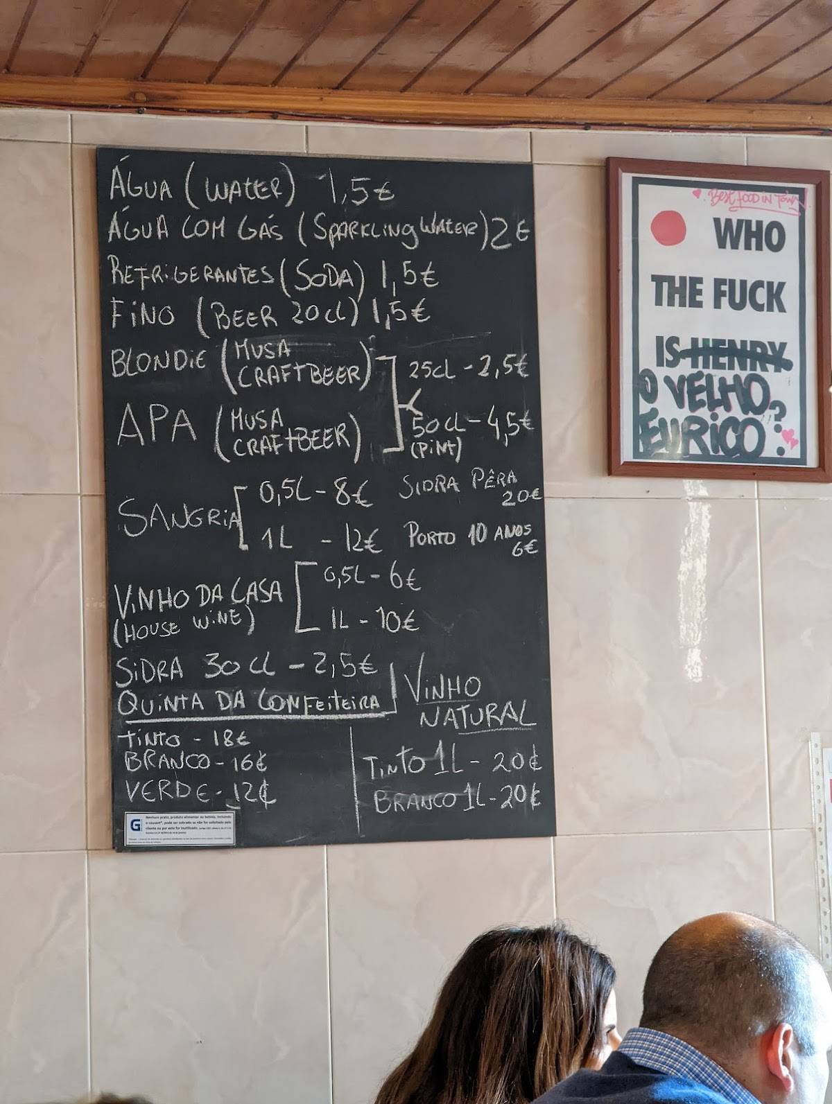Menu at O Velho Eurico restaurant, Lisbon