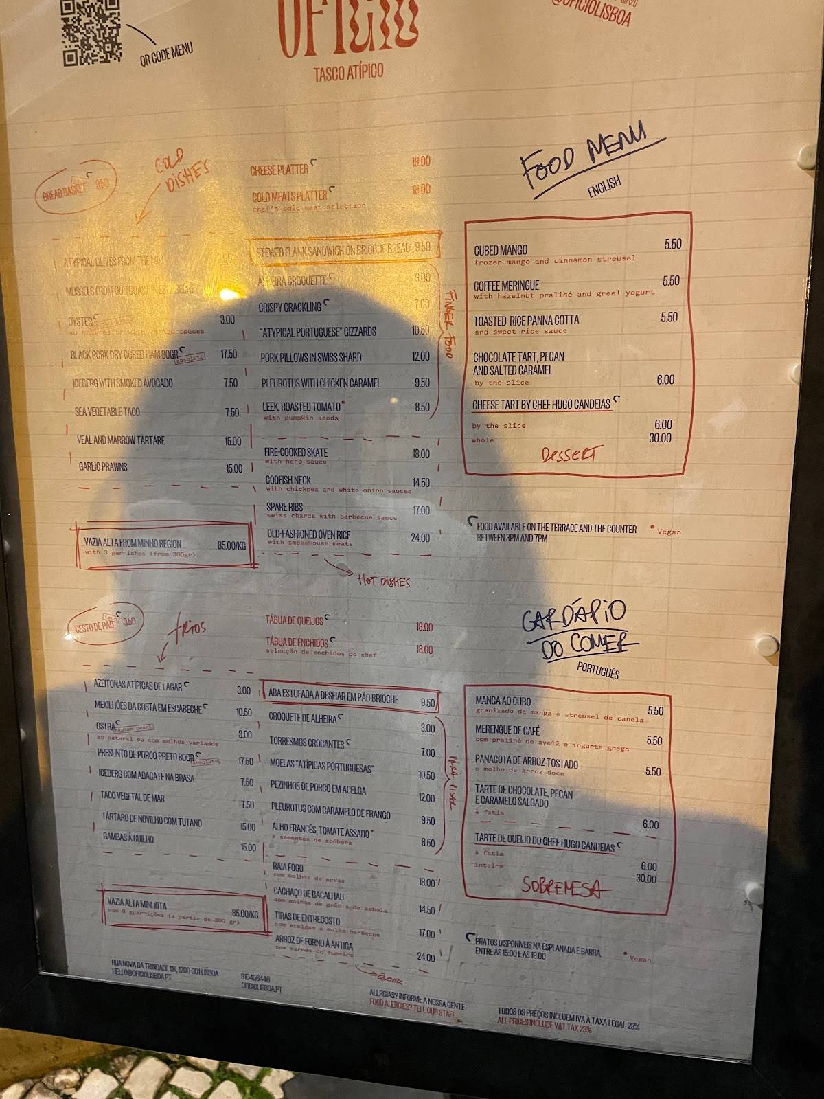 Menu at Ofício restaurant, Lisbon, R. Nova da Trindade 11k