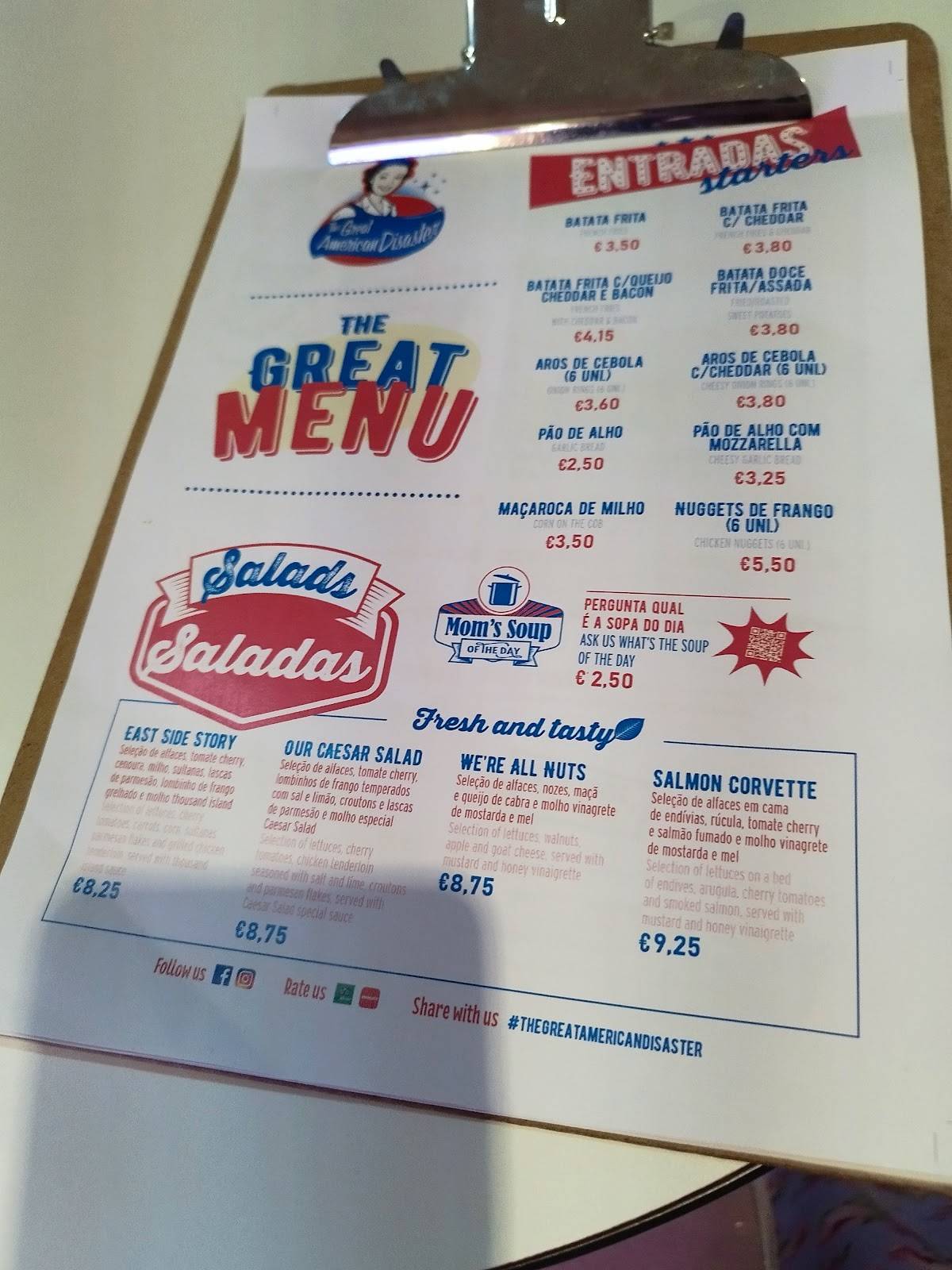 Menu em The Great American Disaster pub & Bar, Lisboa