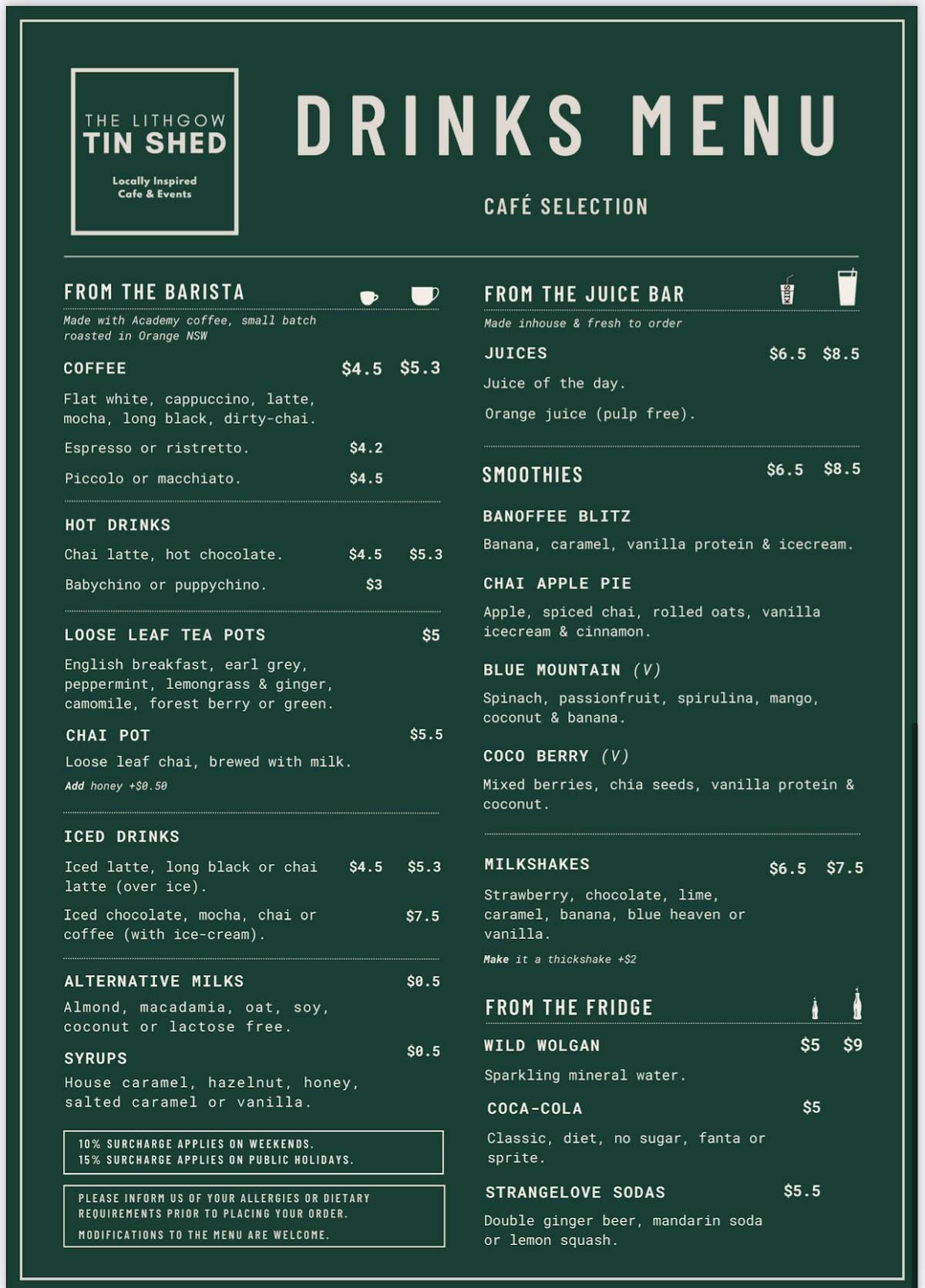 Menu at The Lithgow Tin Shed cafe, Lithgow, 69 Bridge St
