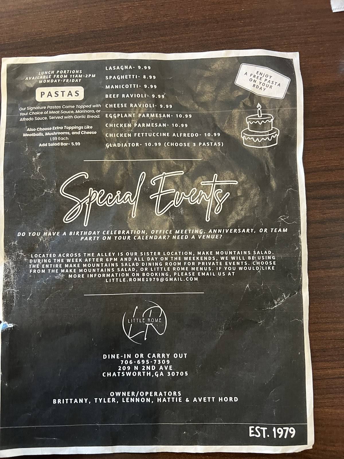 Menu at Little Rome pizzeria, Chatsworth