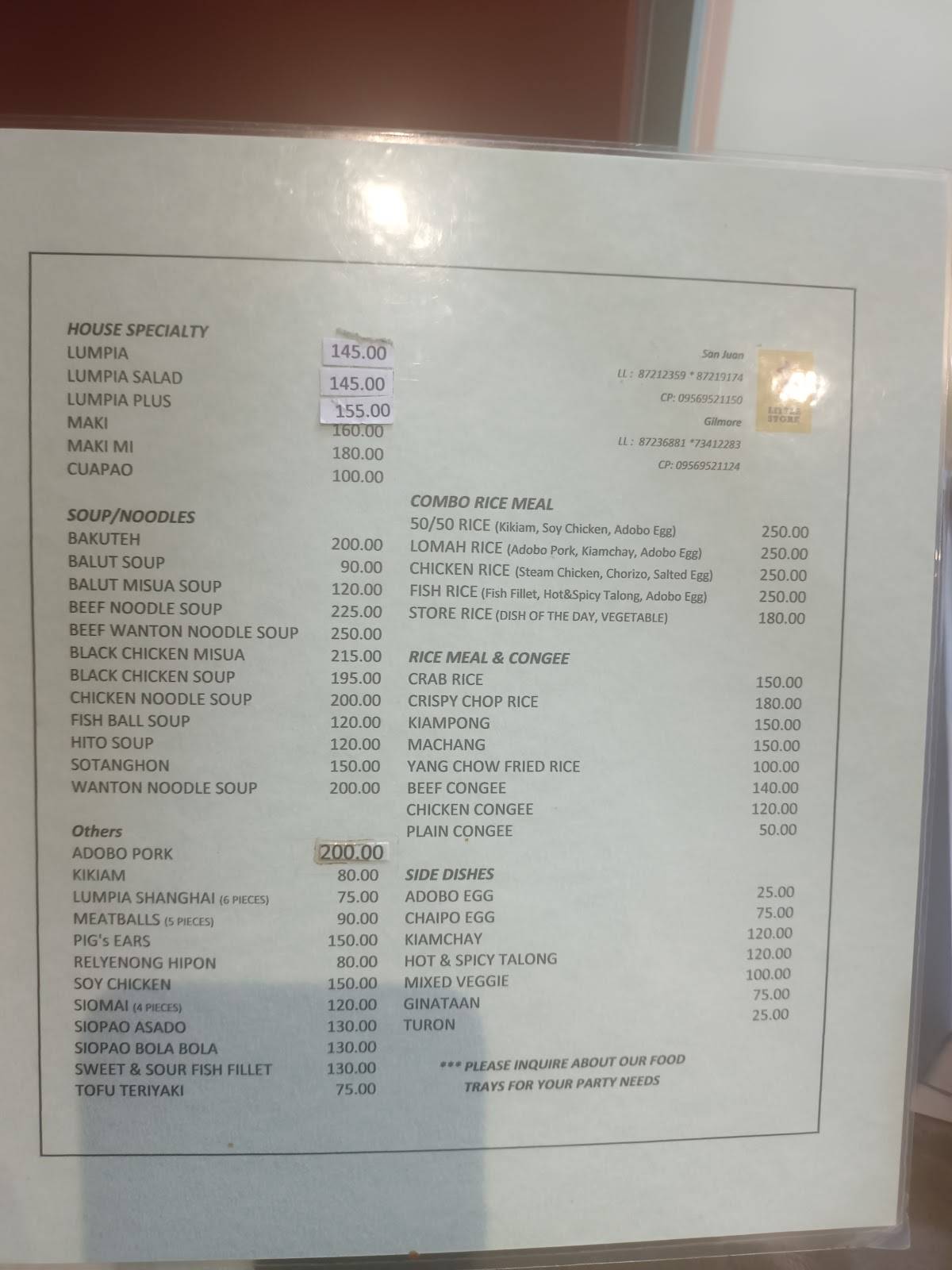 Menu at Little Store On The Hill restaurant, San Juan