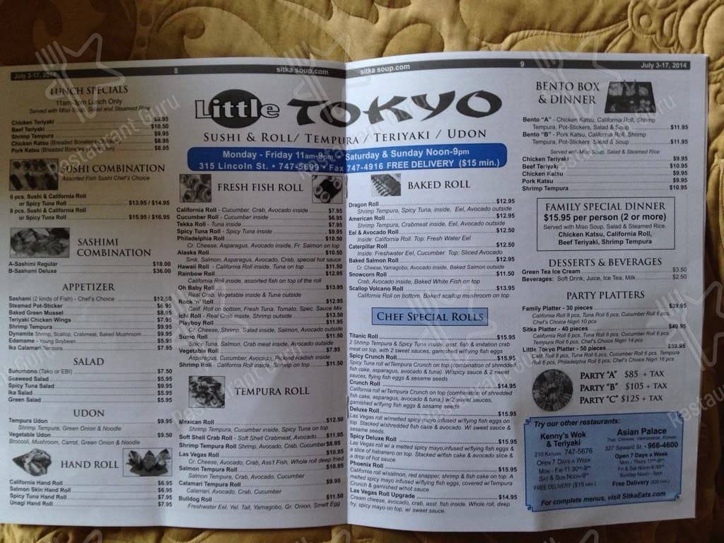 Menu at Little Tokyo In Sitka restaurant, Sitka
