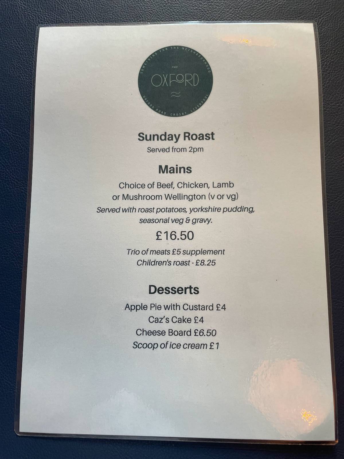 Menu at The Oxford Bar., Liverpool, 89 Oxford Rd