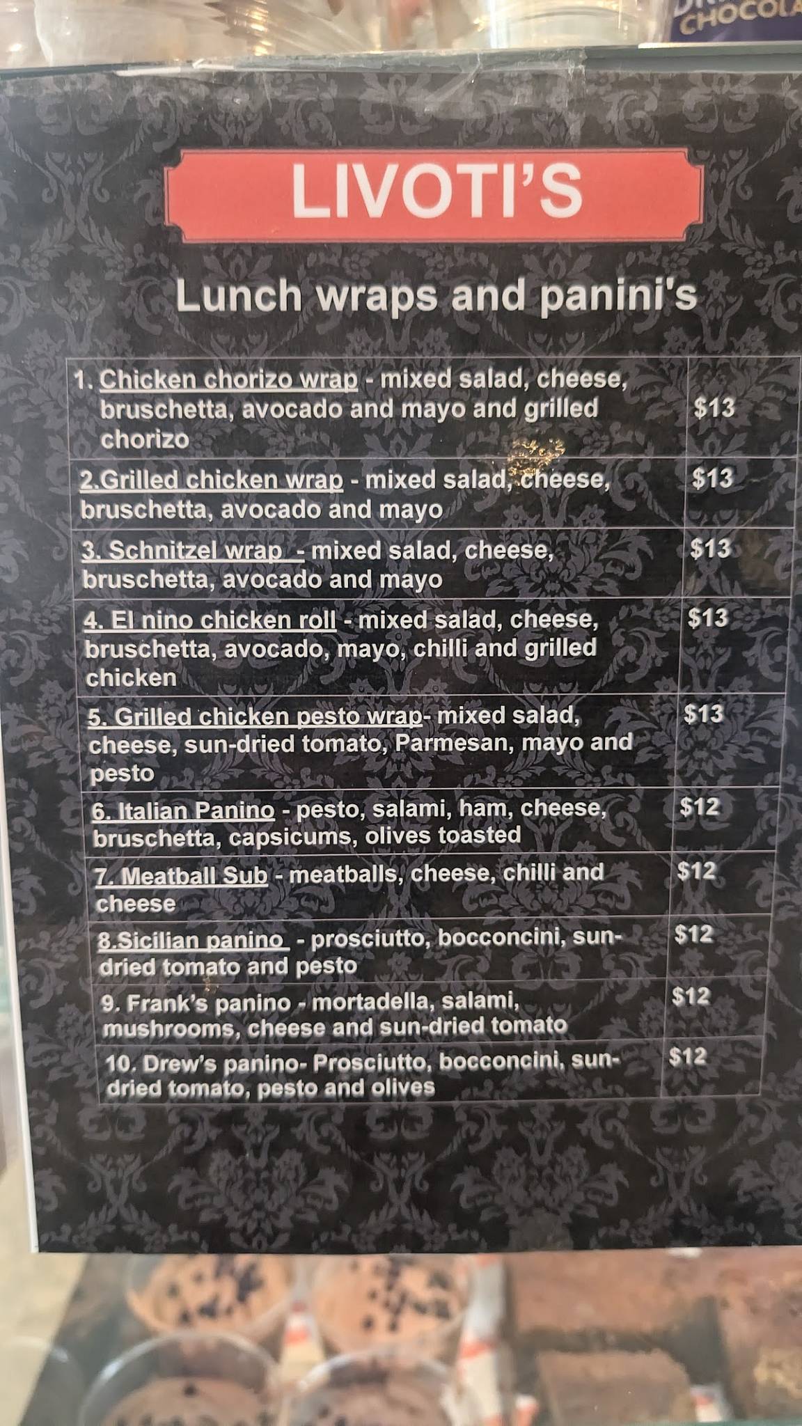 Menu at Livoti's Italian restaurant, Dee Why
