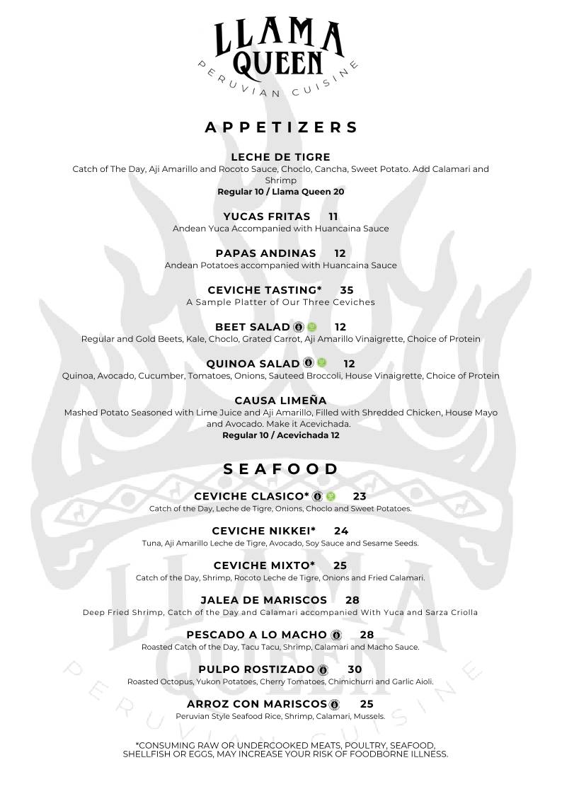Carta del restaurante Llama Queen, Austin, E Cesar Chavez St