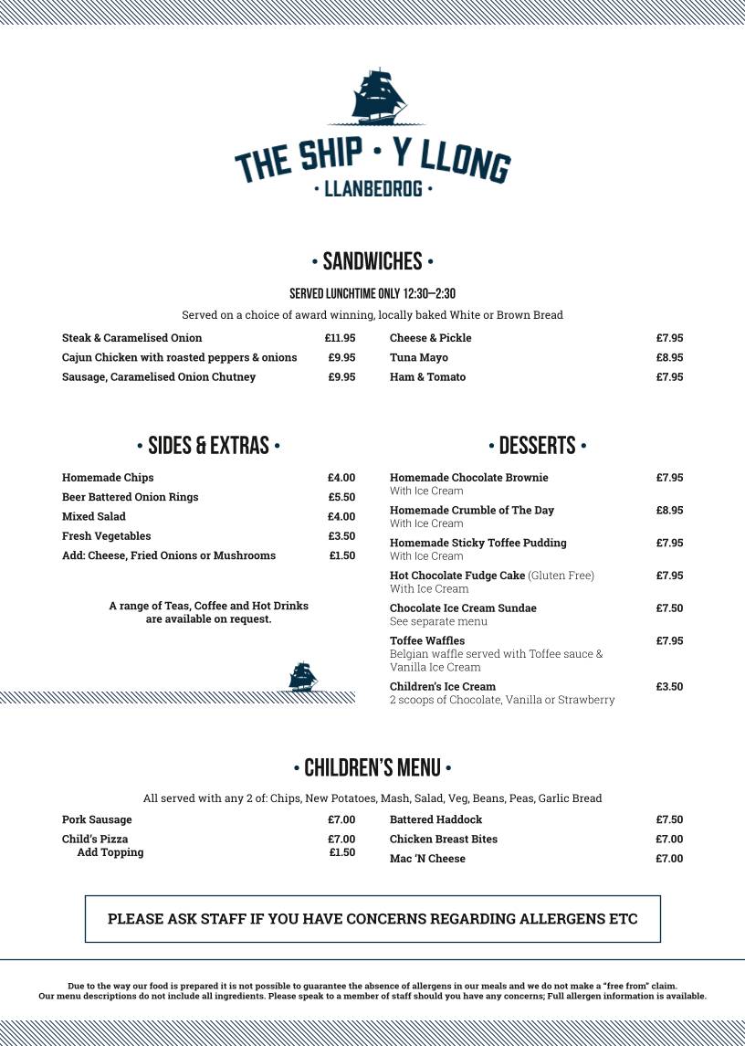 Menu at Ship Inn pub & bar, Llanbedrog, Lon Gerddi