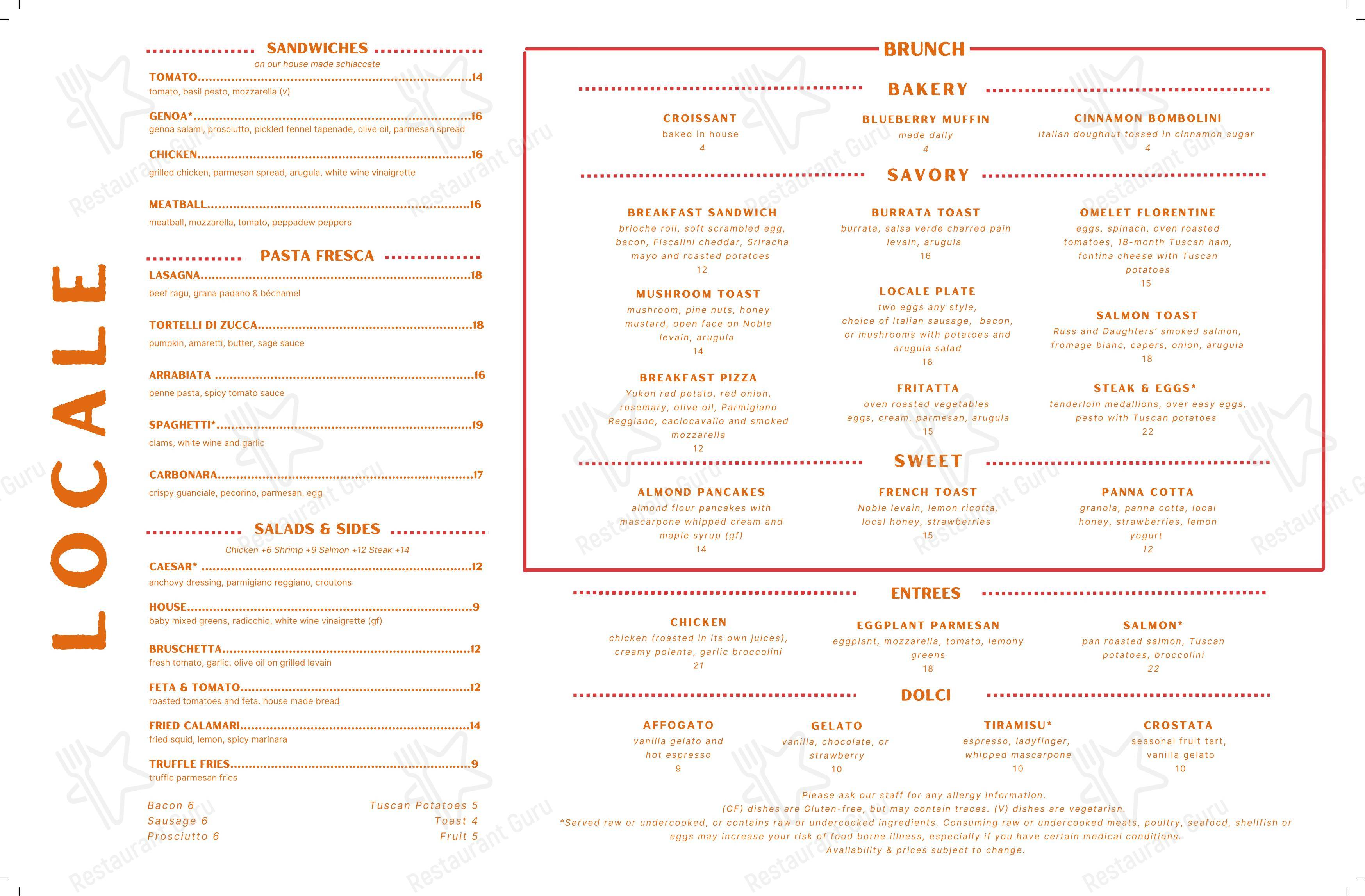 Menu at Locale Neighborhood Italian Restaurant, Tucson