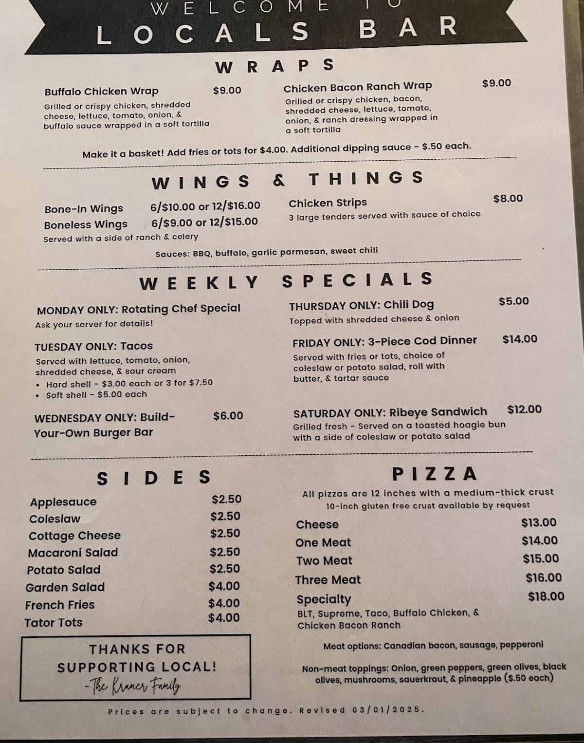 Menu at Locals Bar, Epworth