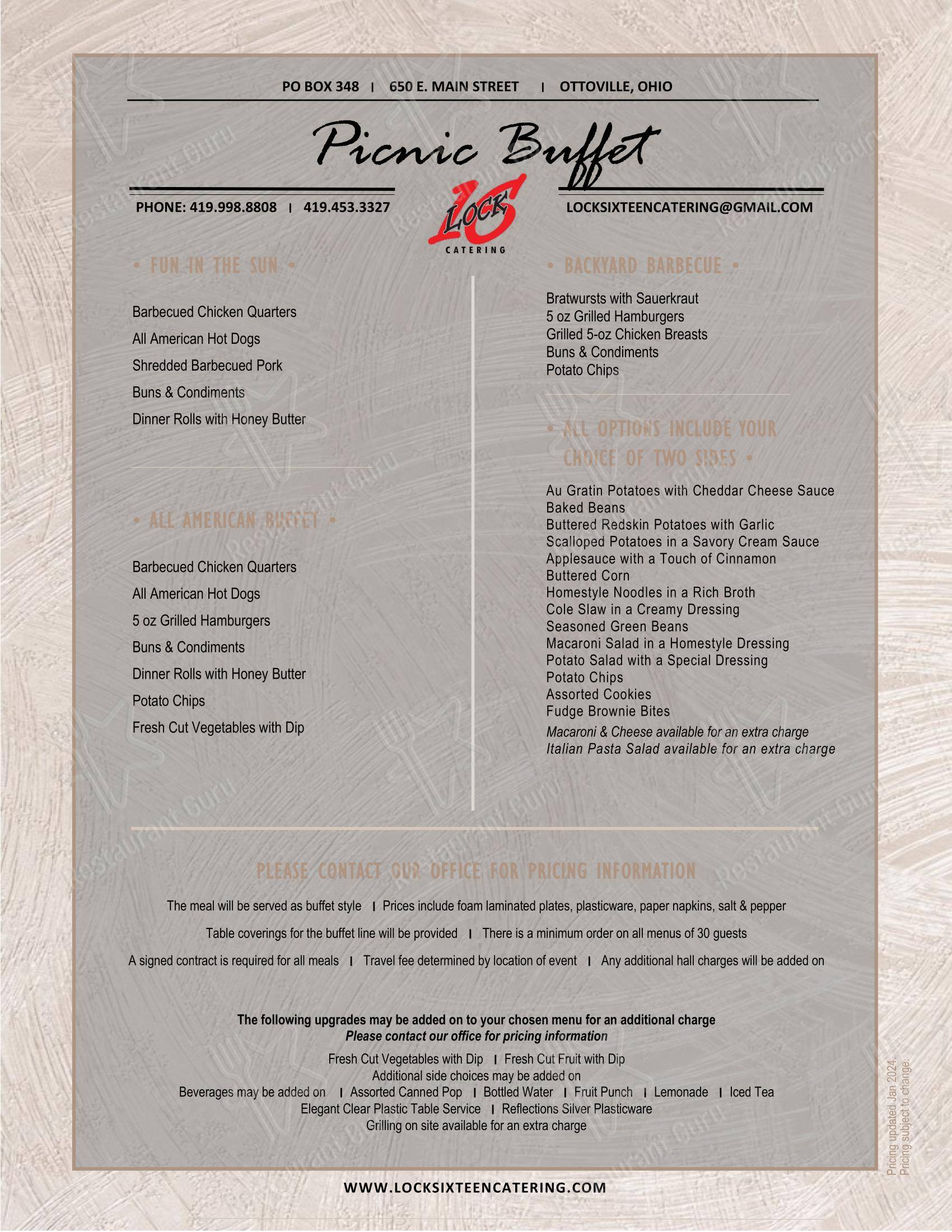 Menu at Lock Sixteen Steakhouse, Lima, 706 N Cable Rd