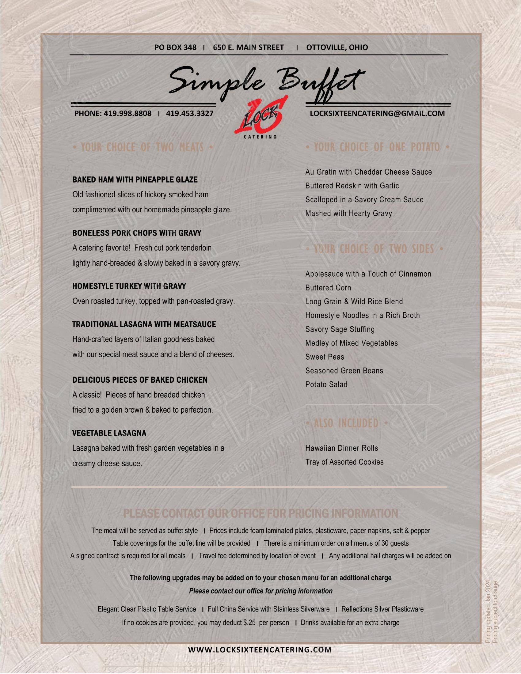 Menu at Lock Sixteen Steakhouse, Lima, 706 N Cable Rd