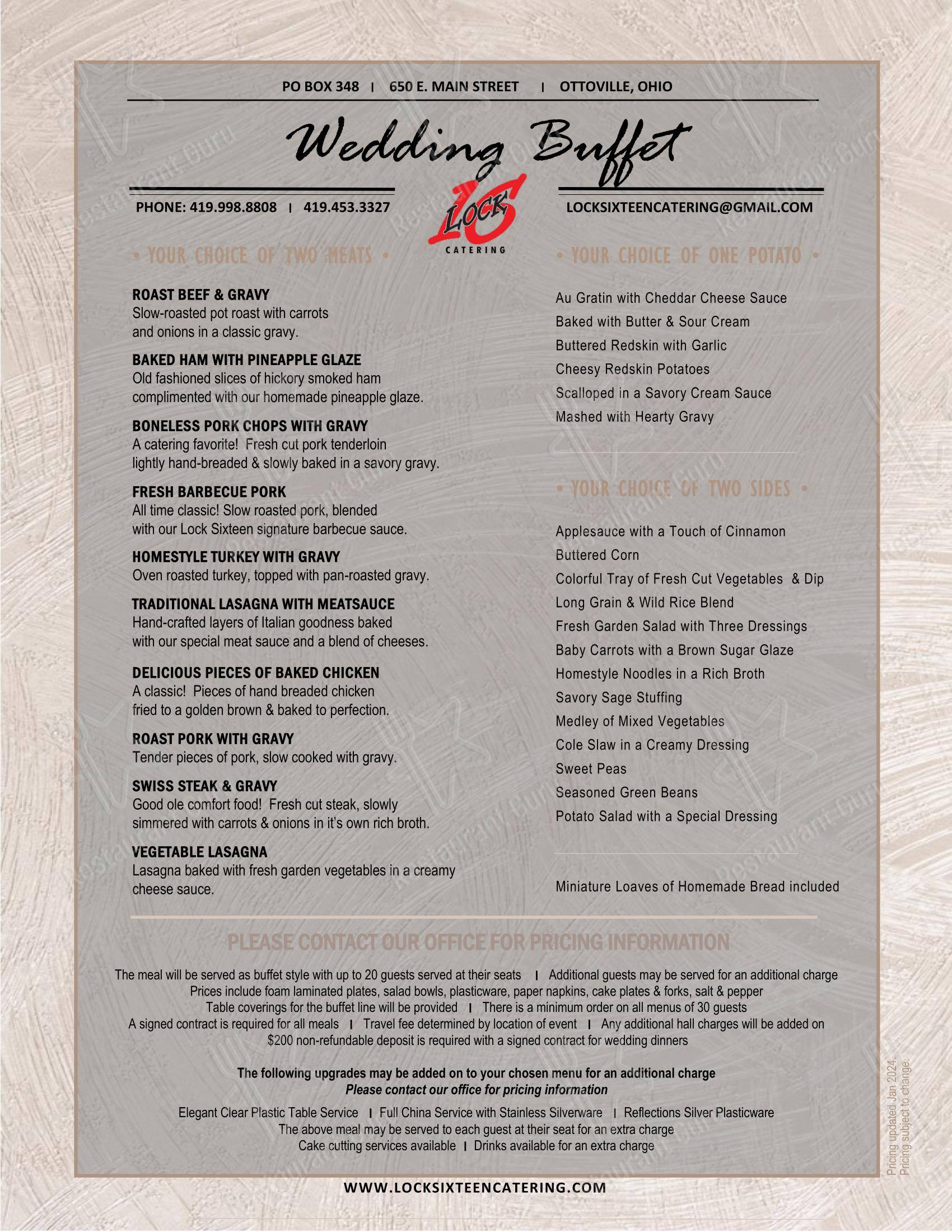 Menu at Lock Sixteen Steakhouse, Lima, 706 N Cable Rd