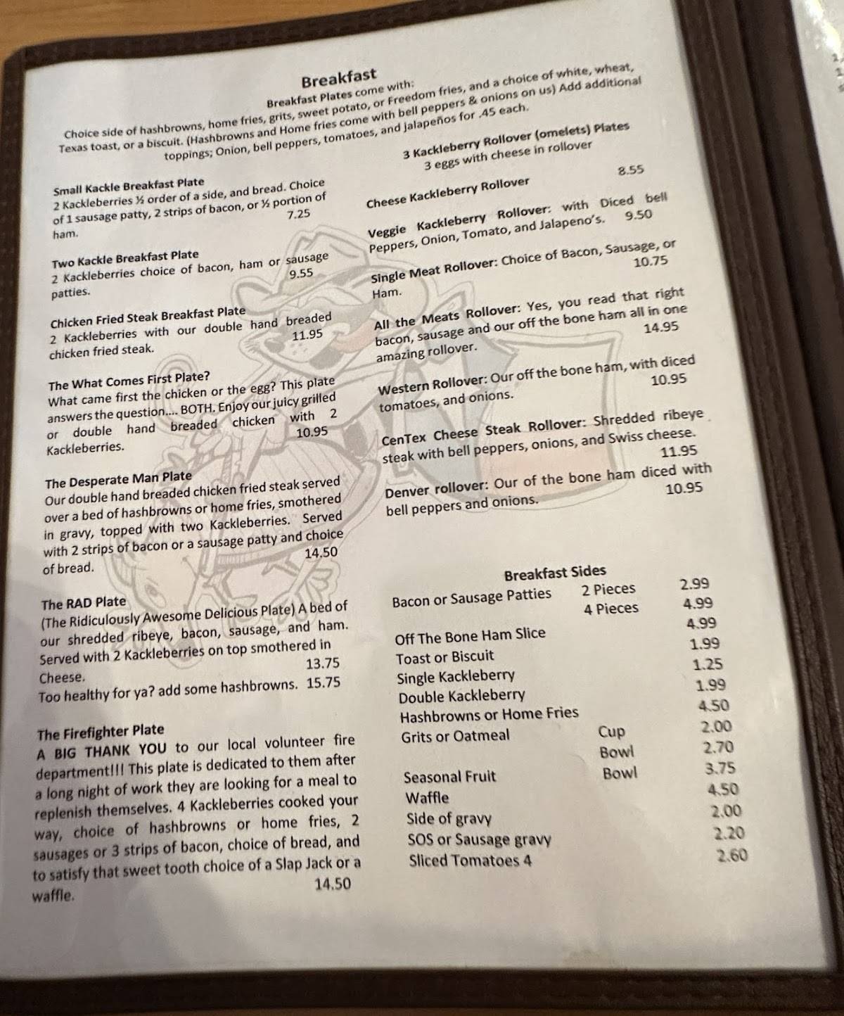 Menu at Log Cabin Cafe, Kempner