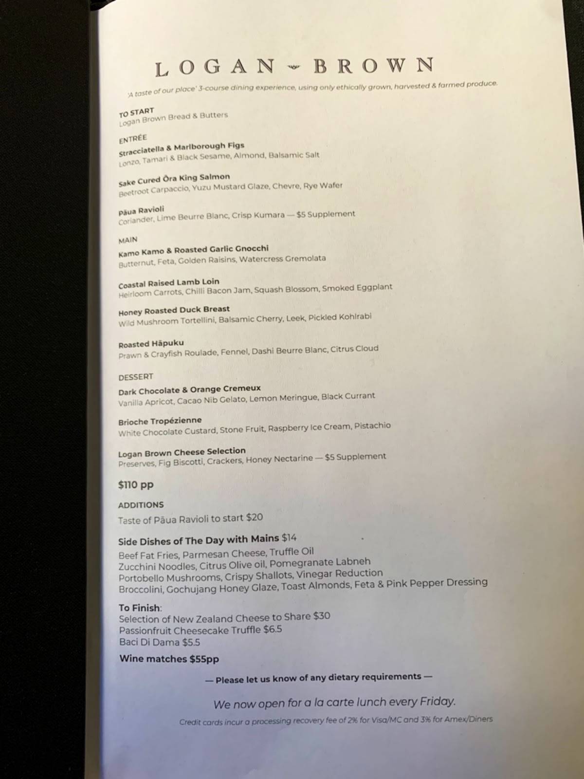 Menu at Logan Brown Restaurant and Bar, Wellington