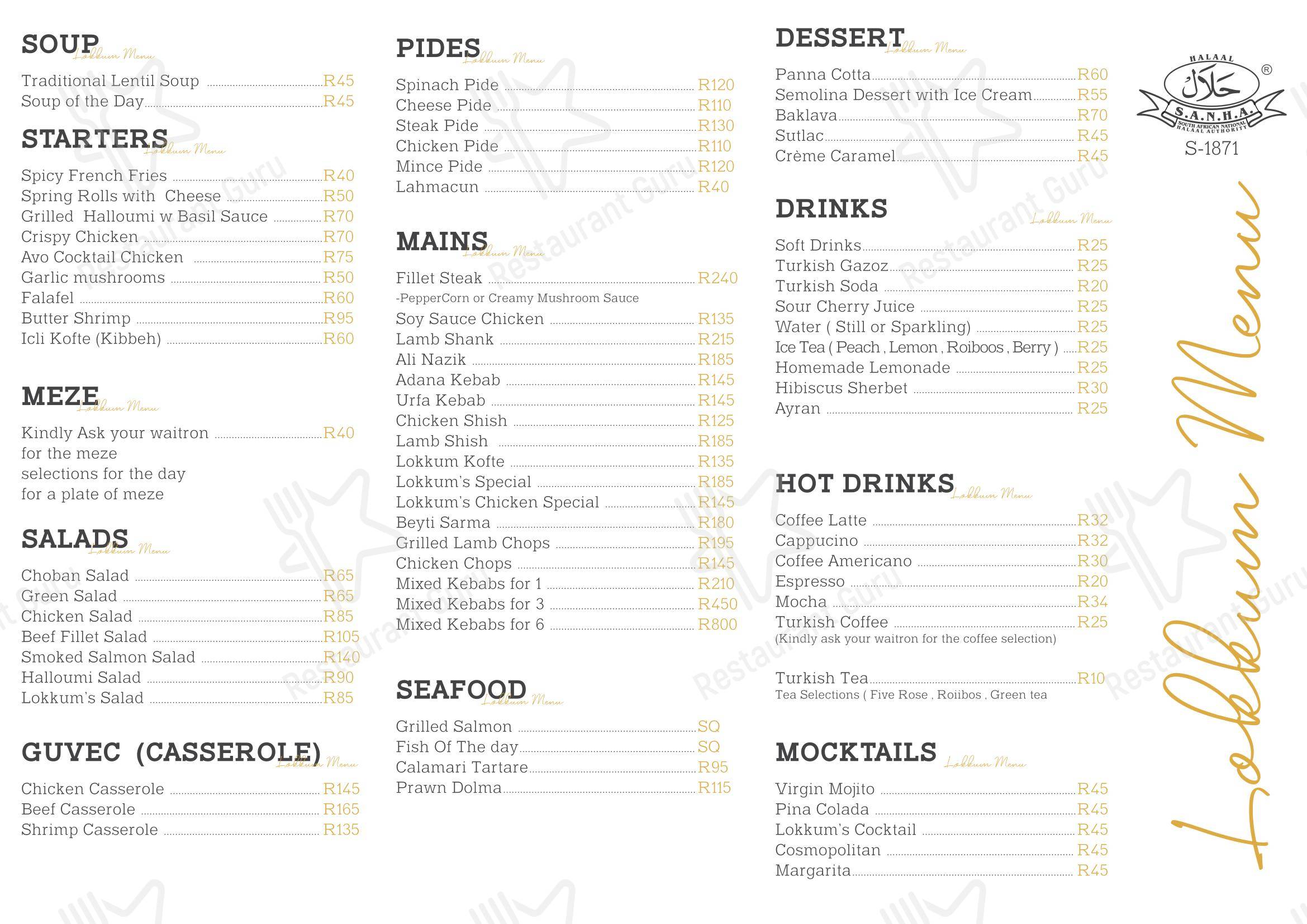 Menu at Lokkum Turkish Restaurant, Johannesburg