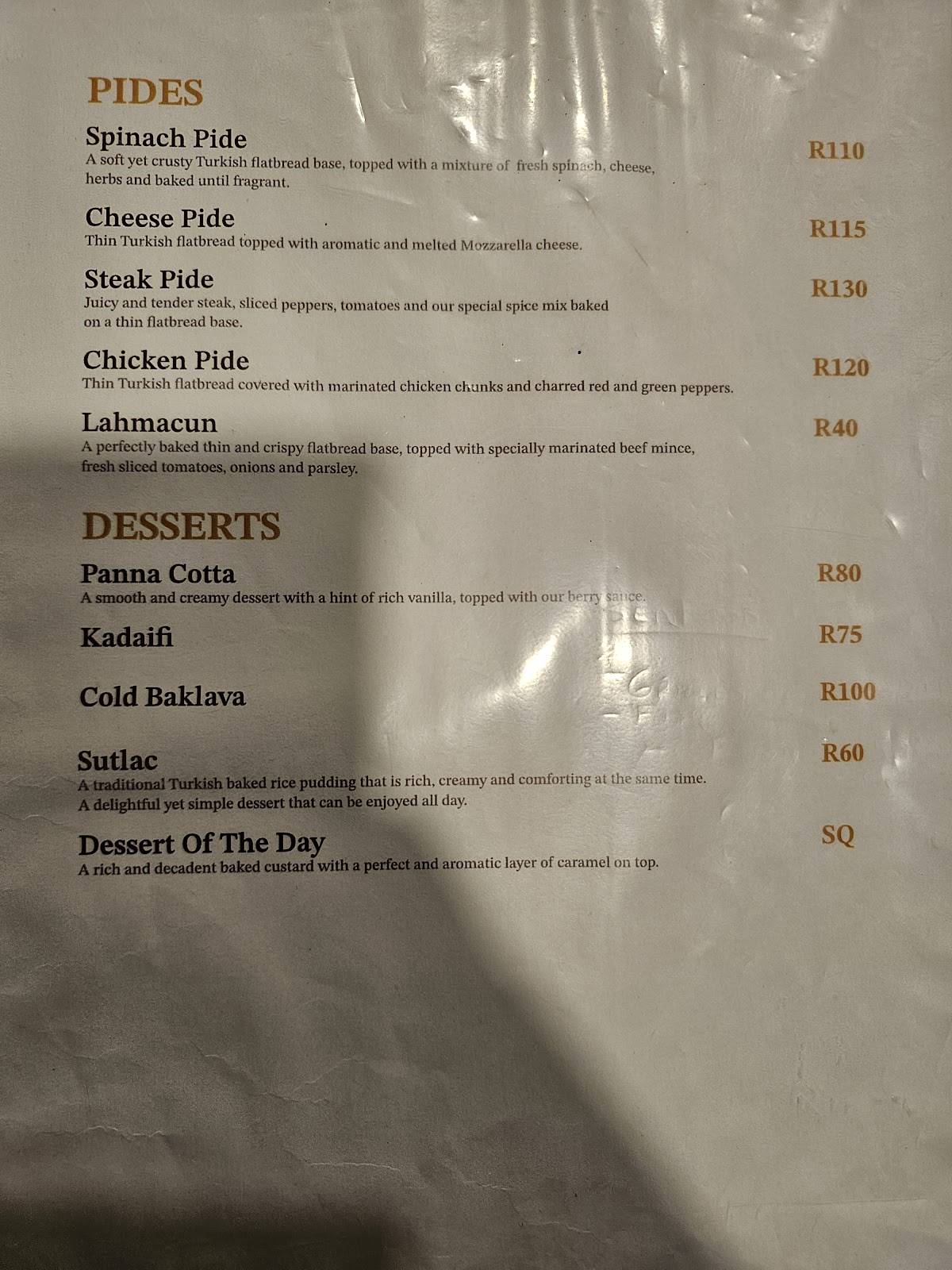 Menu at Lokkum Turkish Restaurant, Johannesburg
